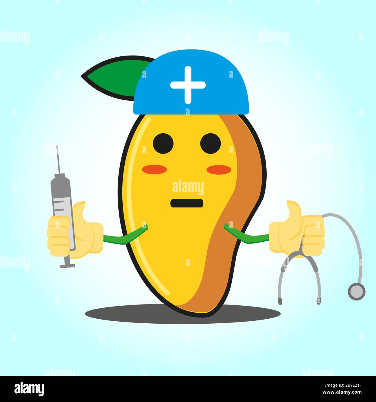 Cute mango doctor cartoon face character with sthethoskop and syringe ...