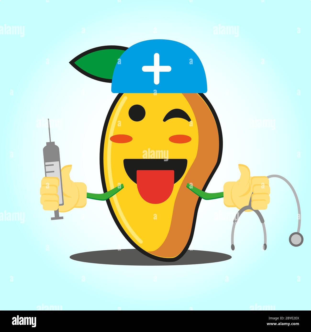 Cute mango doctor cartoon face character with sthethoskop and syringe ...