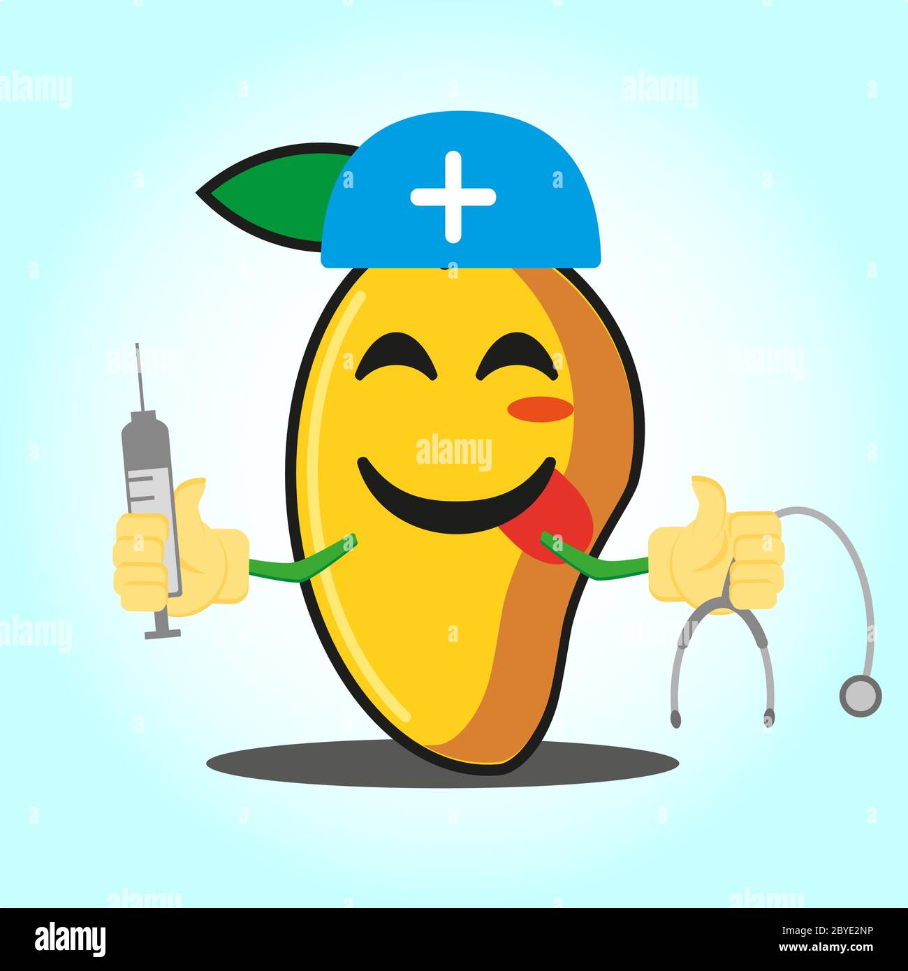 Cute mango doctor cartoon face character with sthethoskop and syringe ...