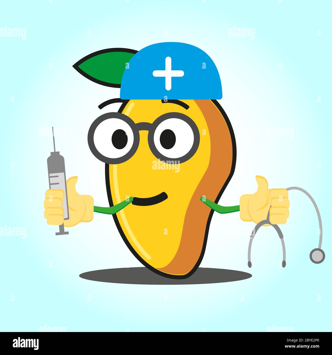 Cute mango doctor cartoon face character with sthethoskop and syringe ...
