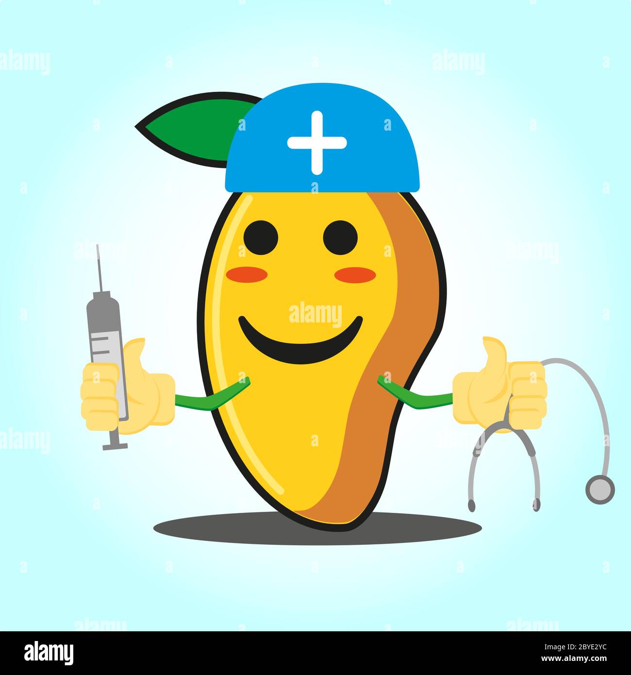 Cute mango doctor cartoon face character with sthethoskop and syringe ...