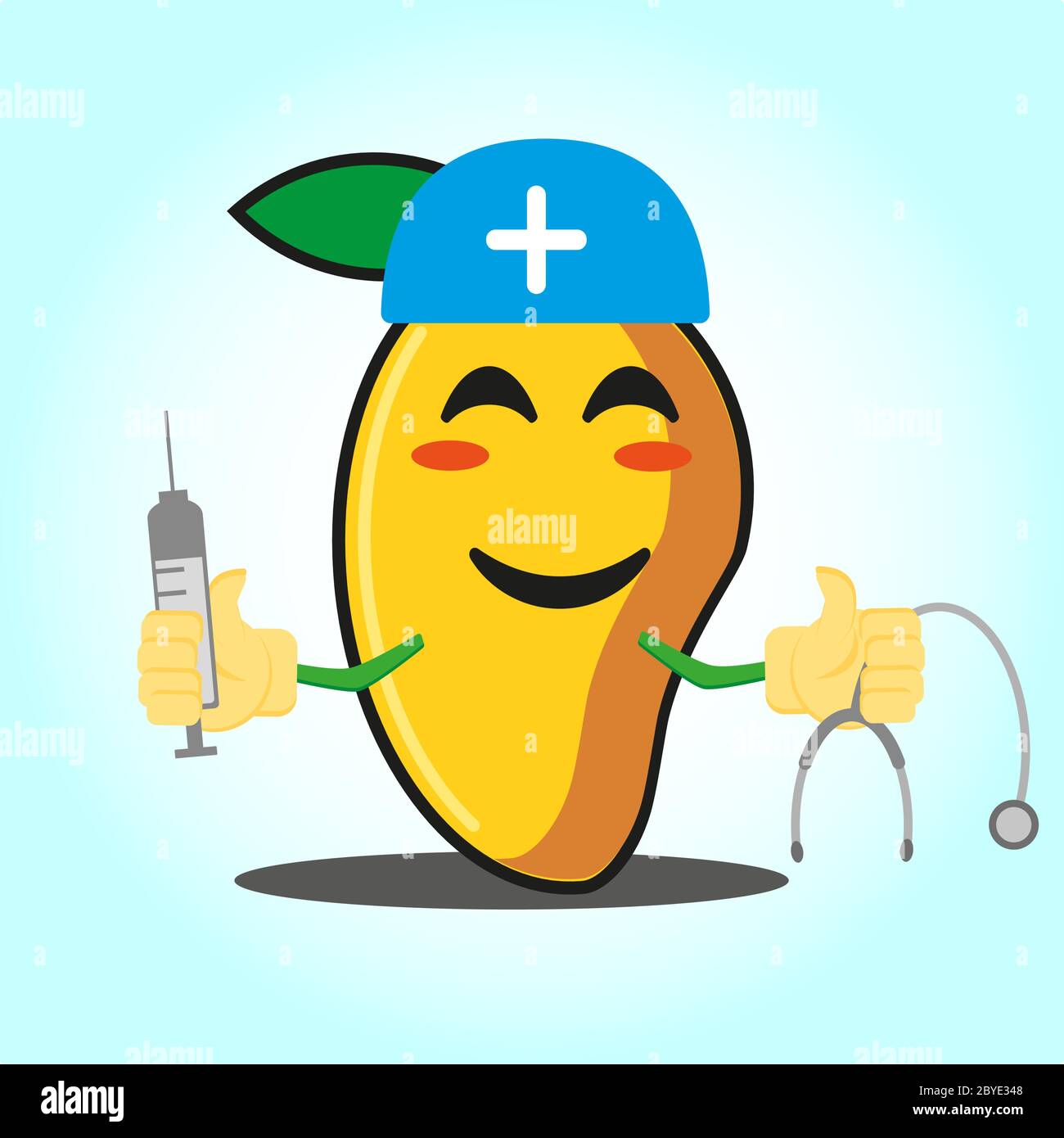 Cute mango doctor cartoon face character with stethoskop and syringe ...