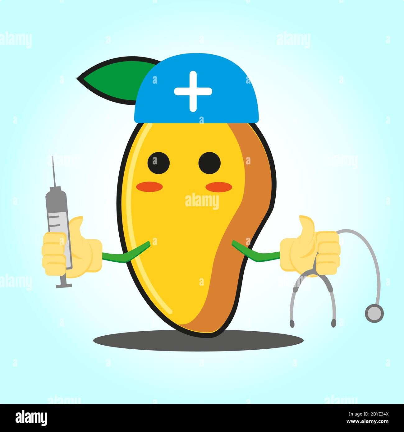 Cute mango doctor cartoon face character with stethoskop and syringe ...