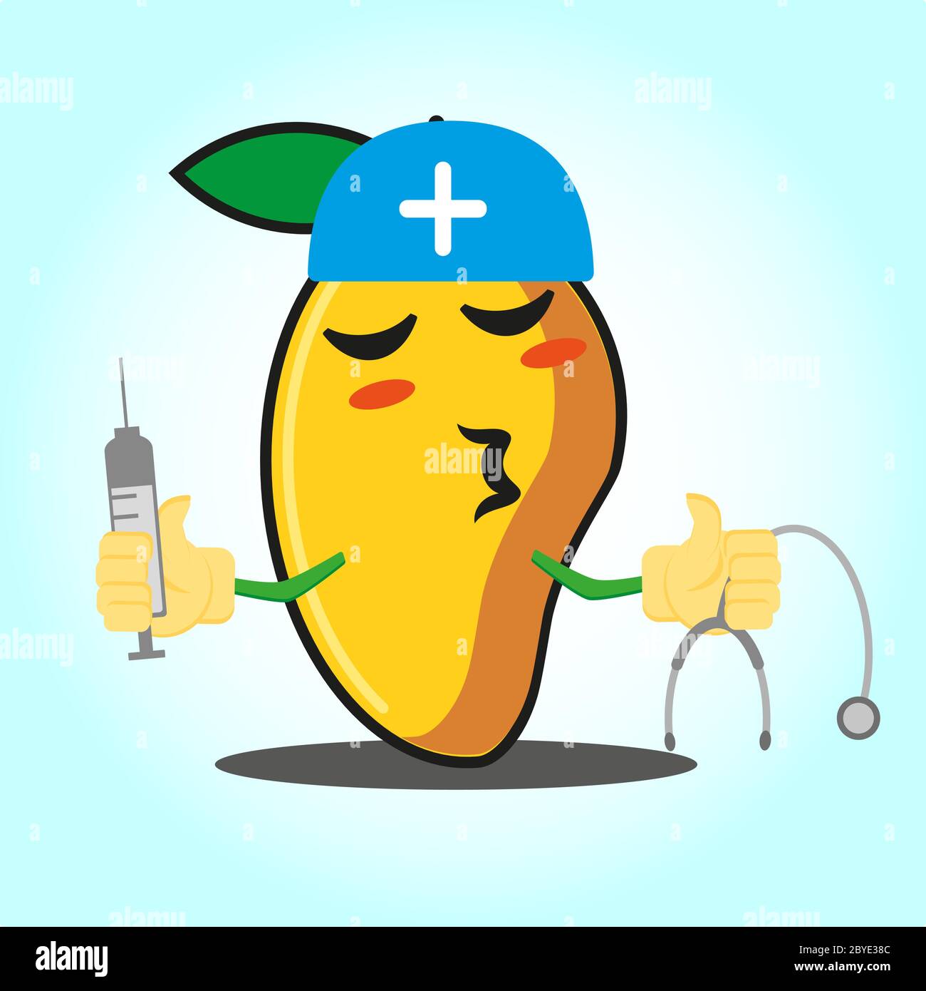 Cute mango doctor cartoon face character with stethoskop and syringe ...