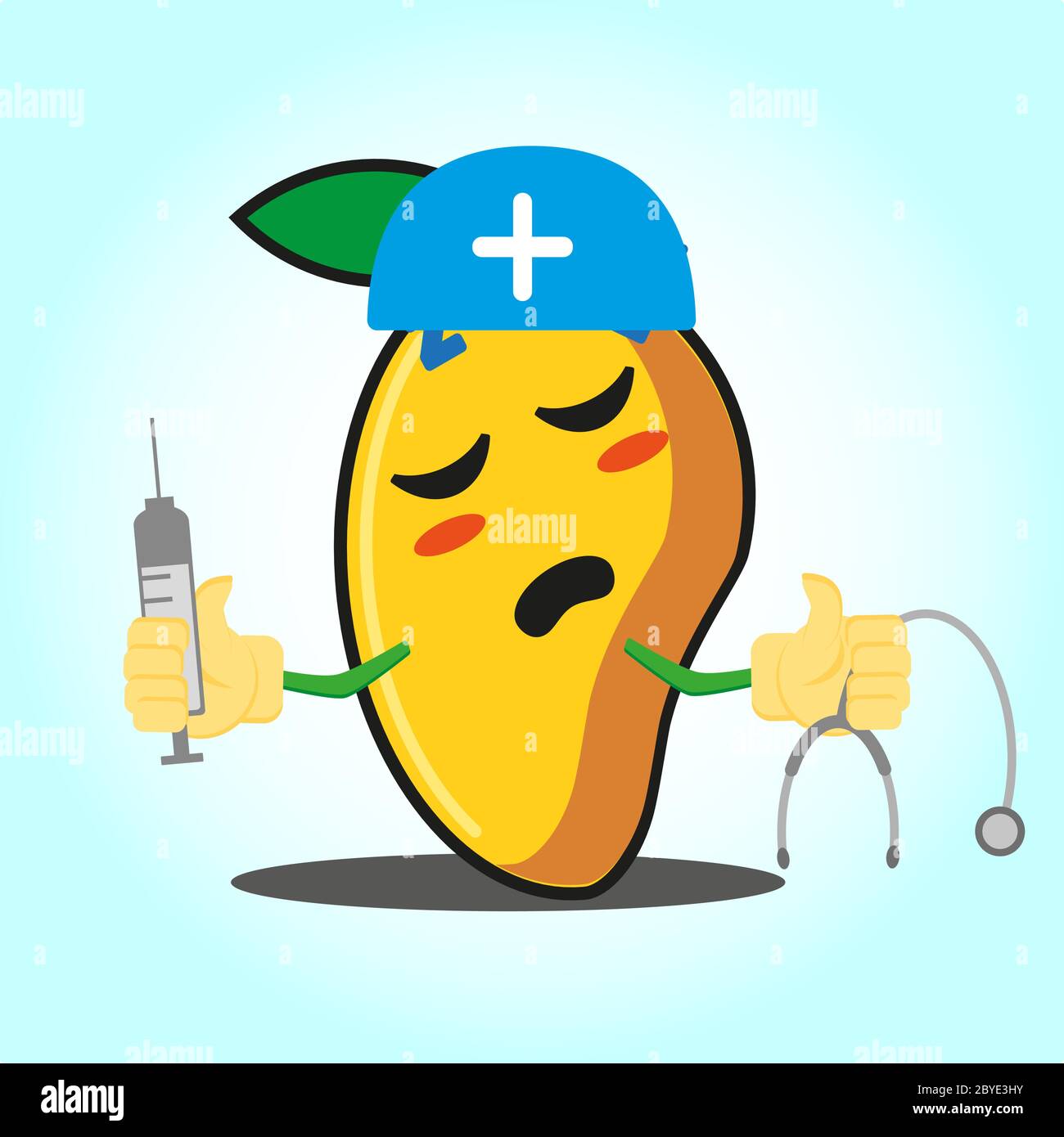 Cute mango doctor cartoon face character with stethoskop and syringe ...