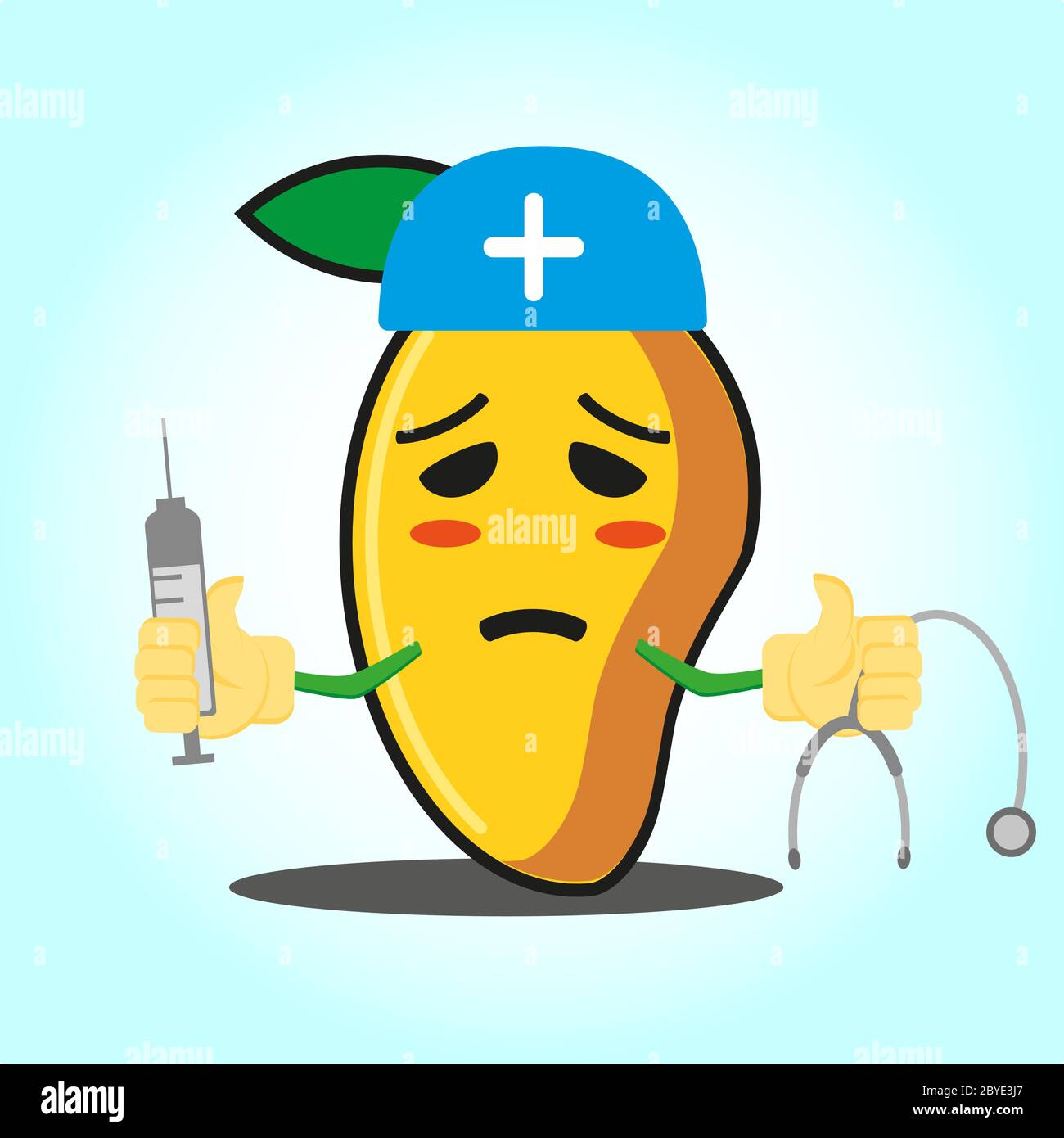 Cute mango doctor cartoon face character with stethoskop and syringe ...