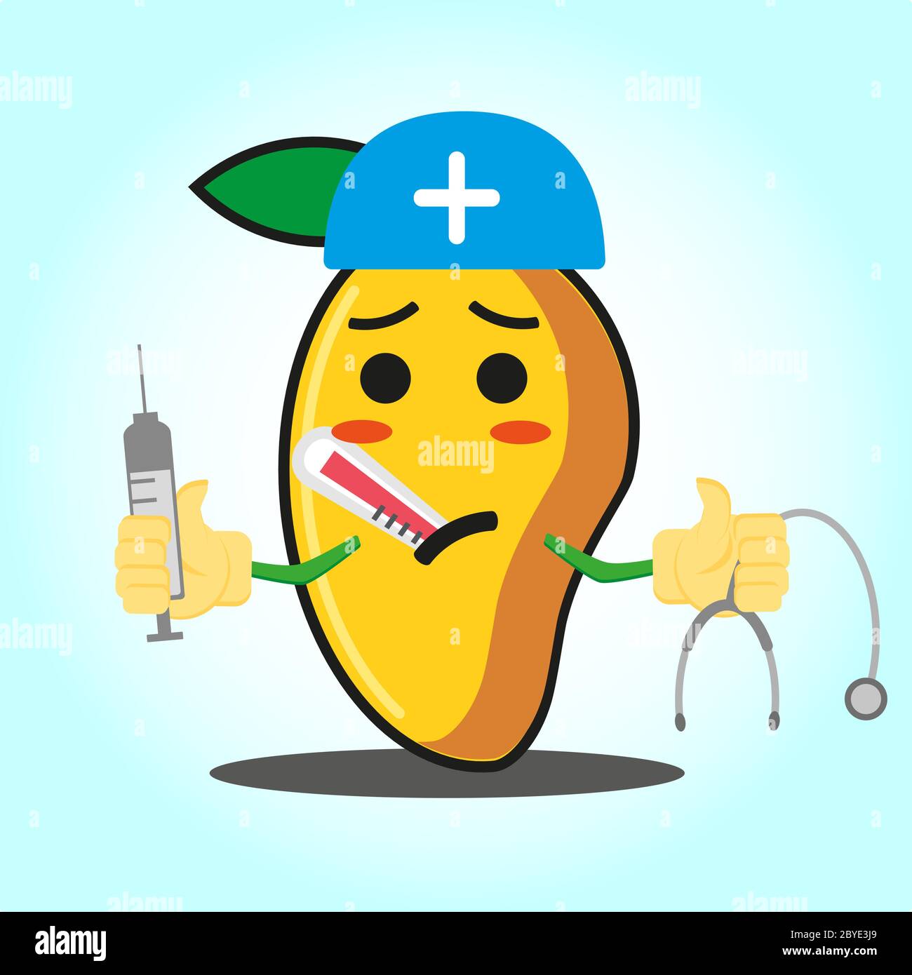Cute mango doctor cartoon face character with stethoskop and syringe ...