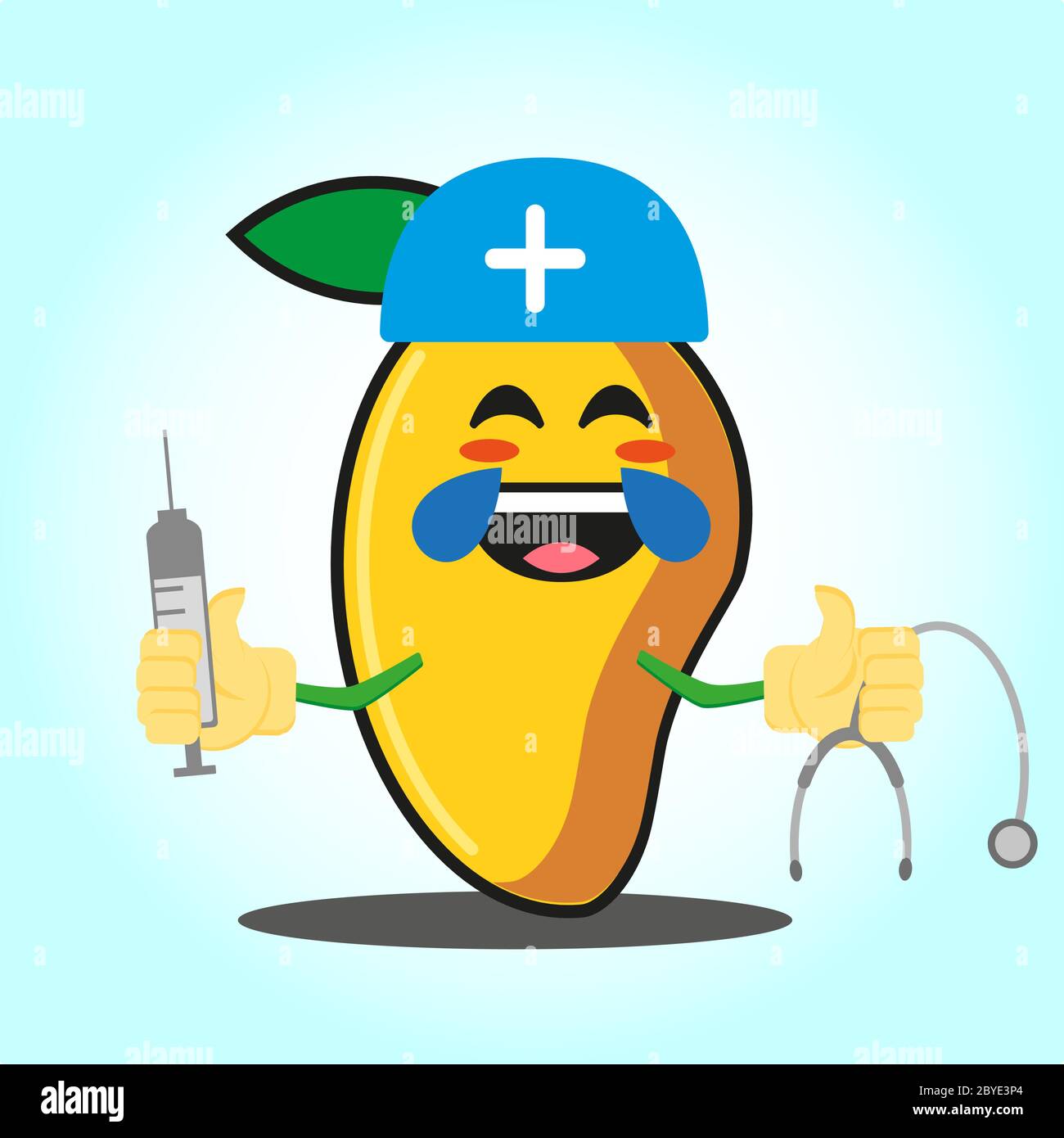Cute mango doctor cartoon face character with stethoskop and syringe ...