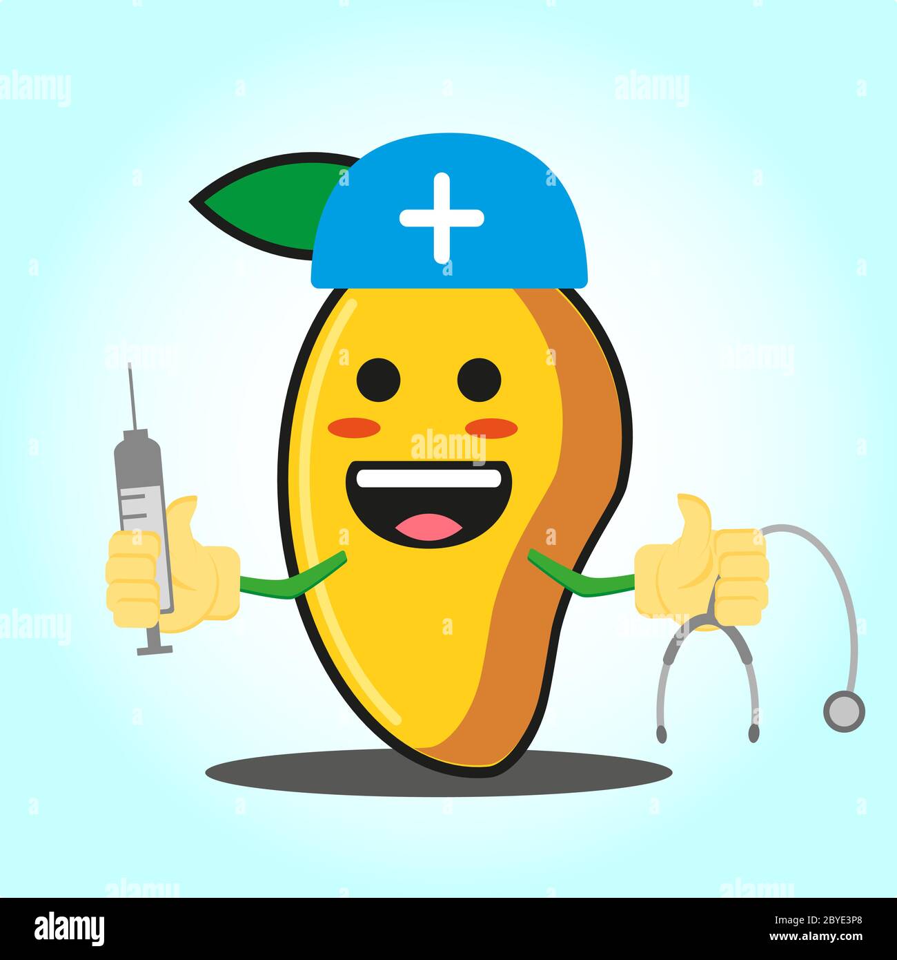 Cute mango doctor cartoon face character with stethoskop and syringe ...