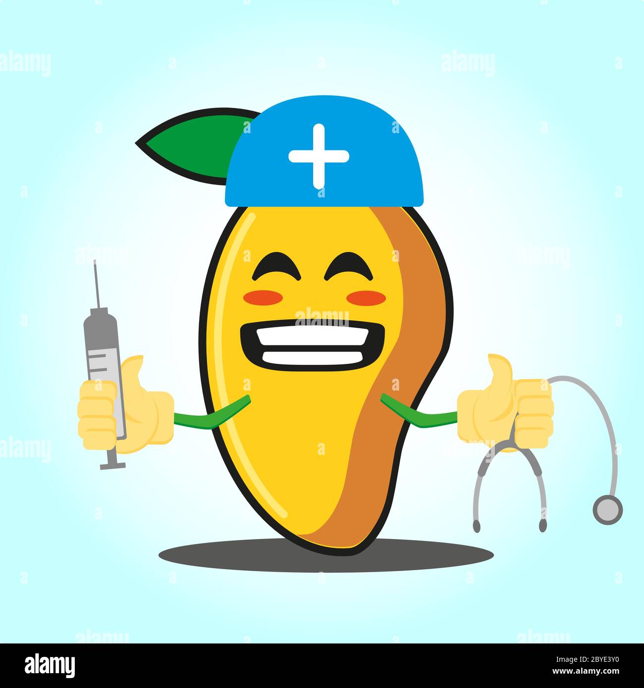 Cute mango doctor cartoon face character with sthethoskop and syringe ...