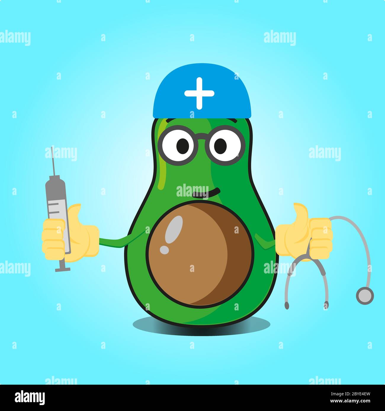 Cute half avocado doctor cartoon face character with stethoskop and ...
