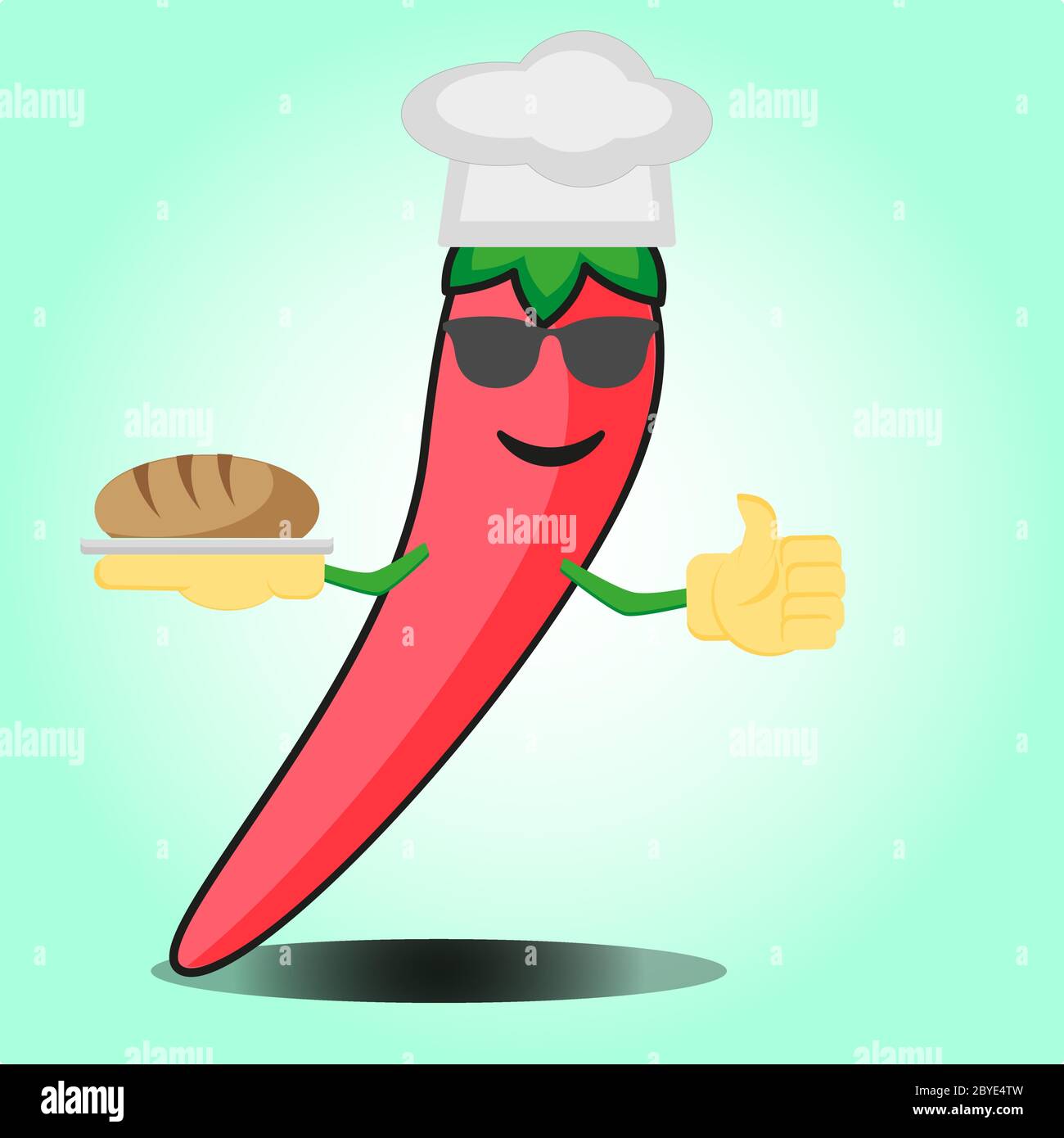 Cute mexican chili baker cartoon face character with chef hat and bread ...