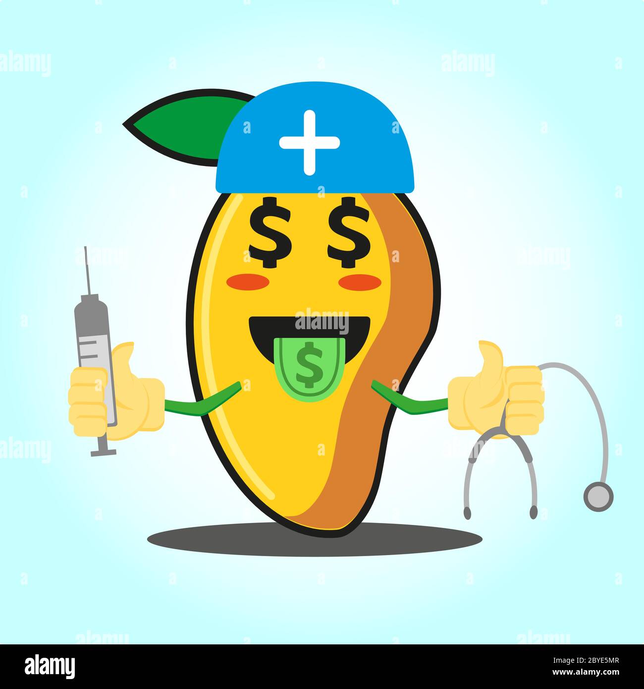 Cute mango doctor cartoon face character with sthethoskop and syringe ...