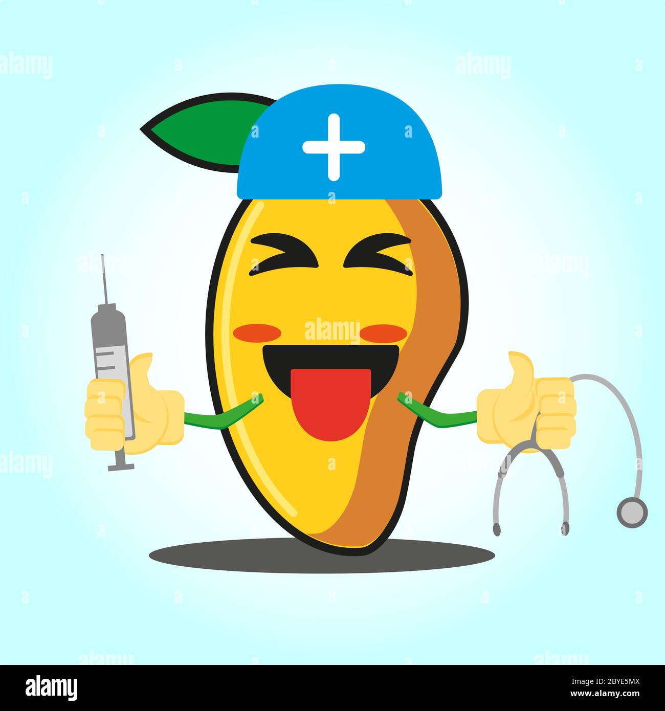 Cute mango doctor cartoon face character with sthethoskop and syringe ...