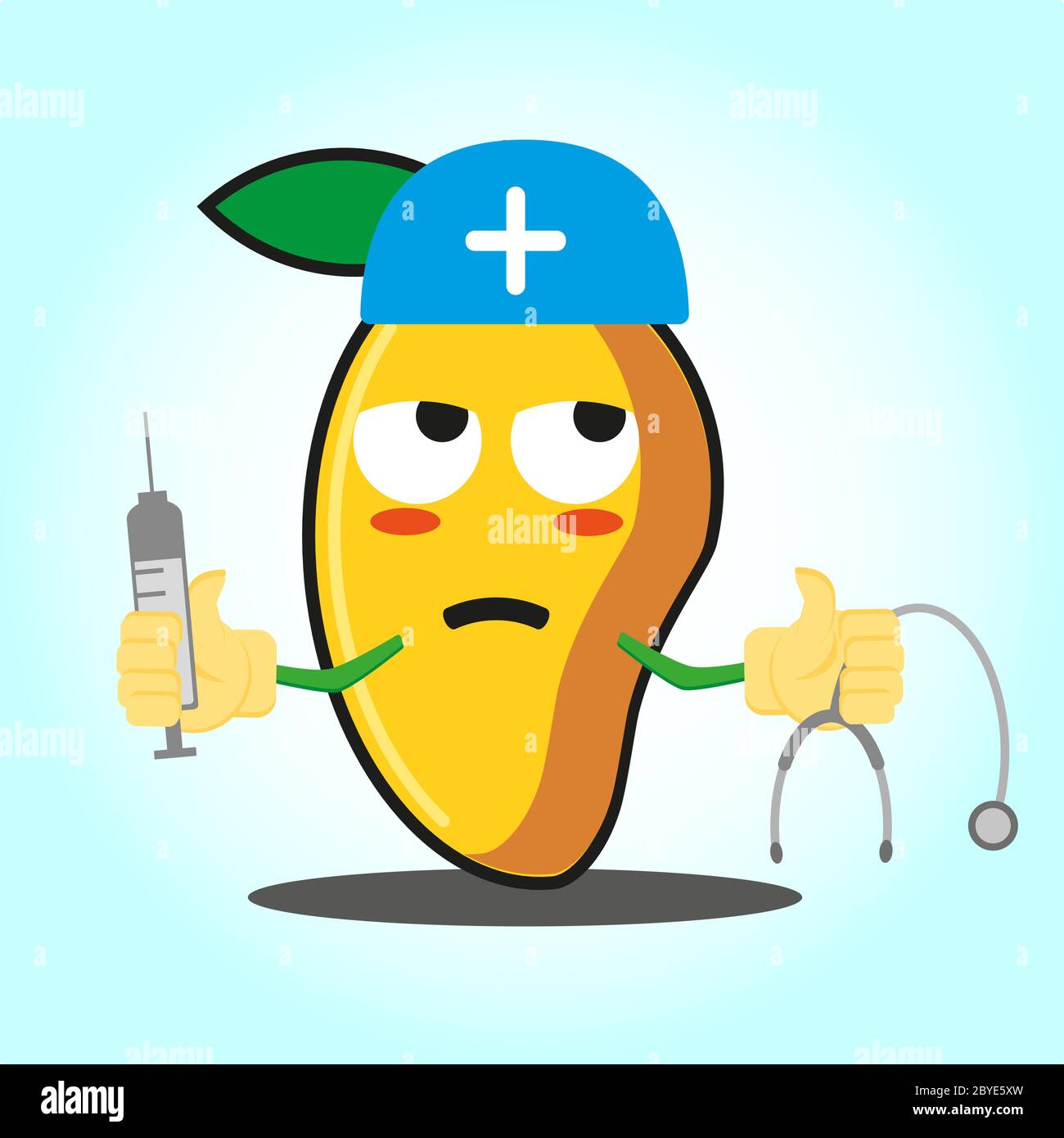 Cute mango doctor cartoon face character with sthethoskop and syringe ...