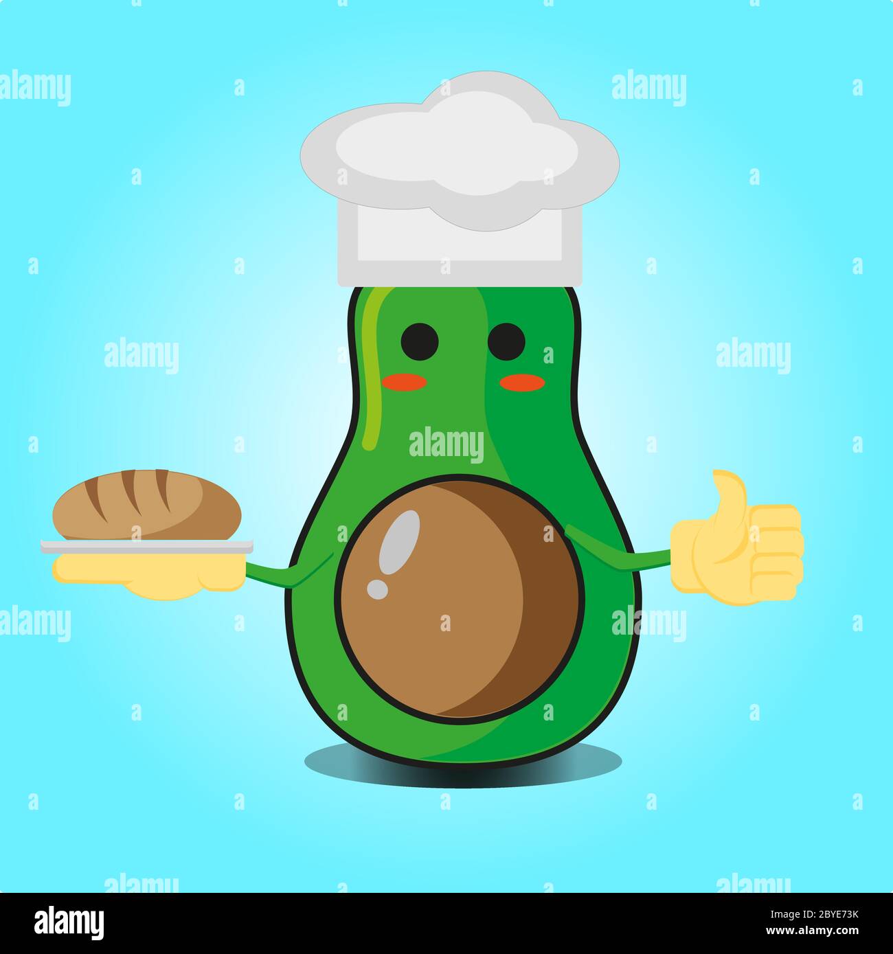 Cute half avocado baker cartoon face character with hat and bread image ...