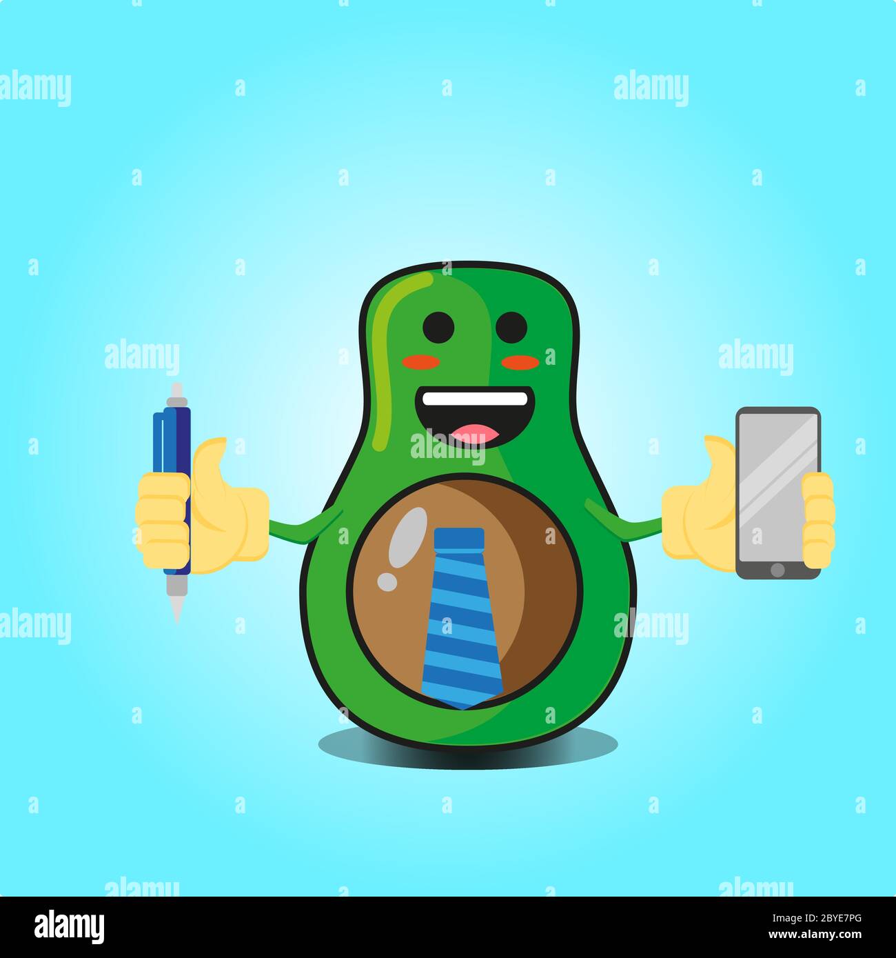 Cute half avocado bussinesman cartoon face character with pen, tie and ...