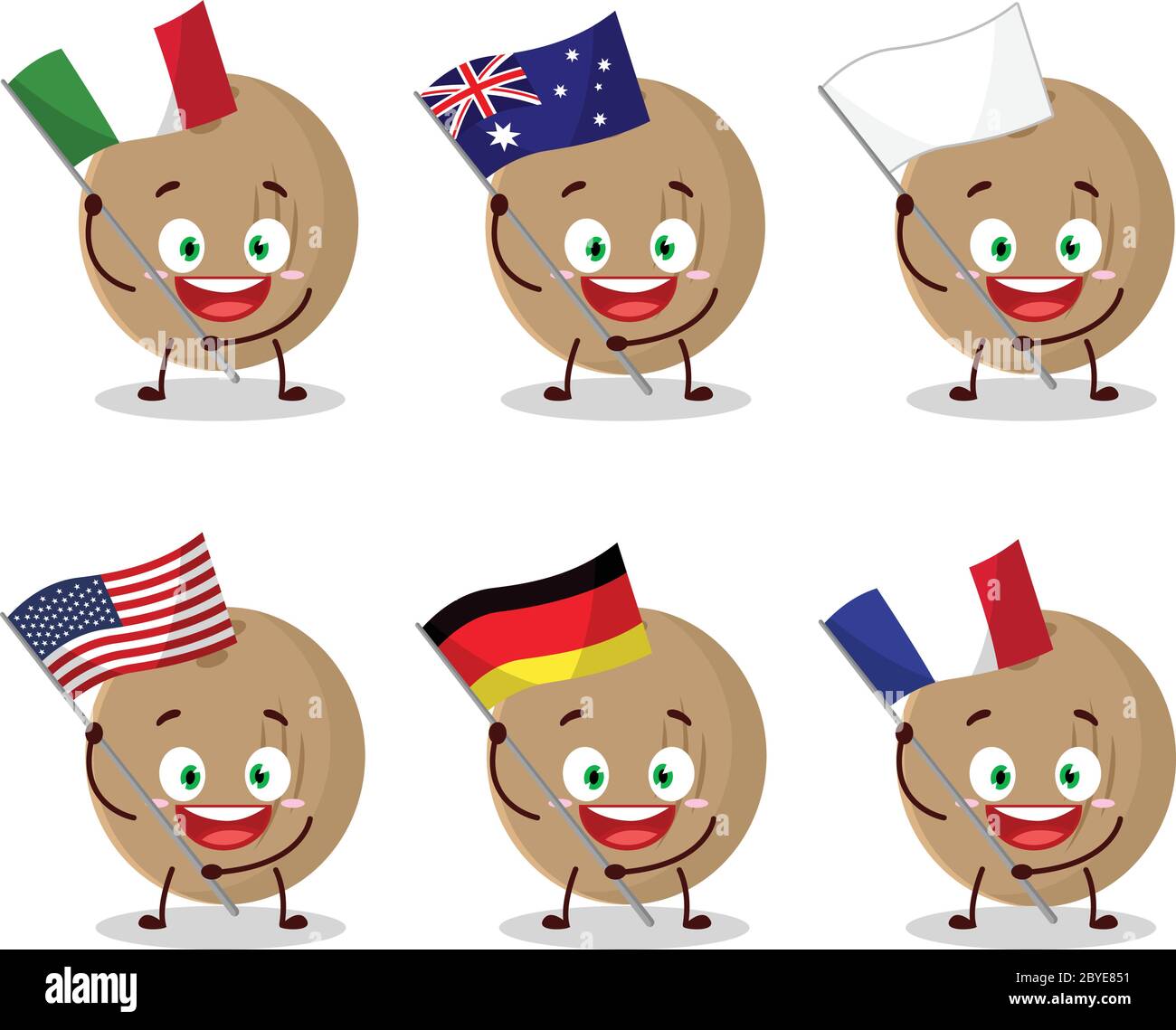Brown coconut cartoon character bring the flags of various countries ...