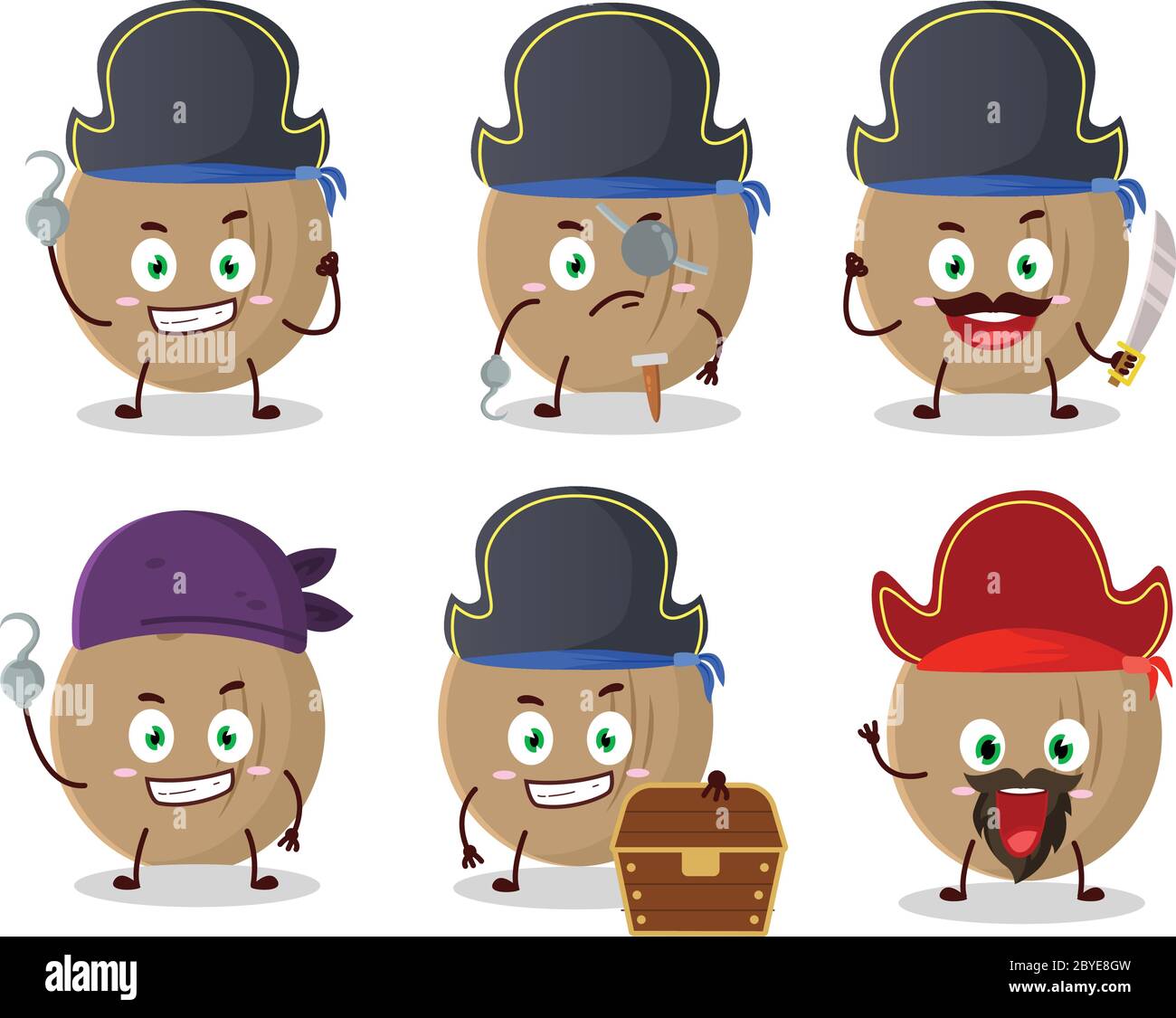 Cartoon character of brown coconut with various pirates emoticons Stock ...
