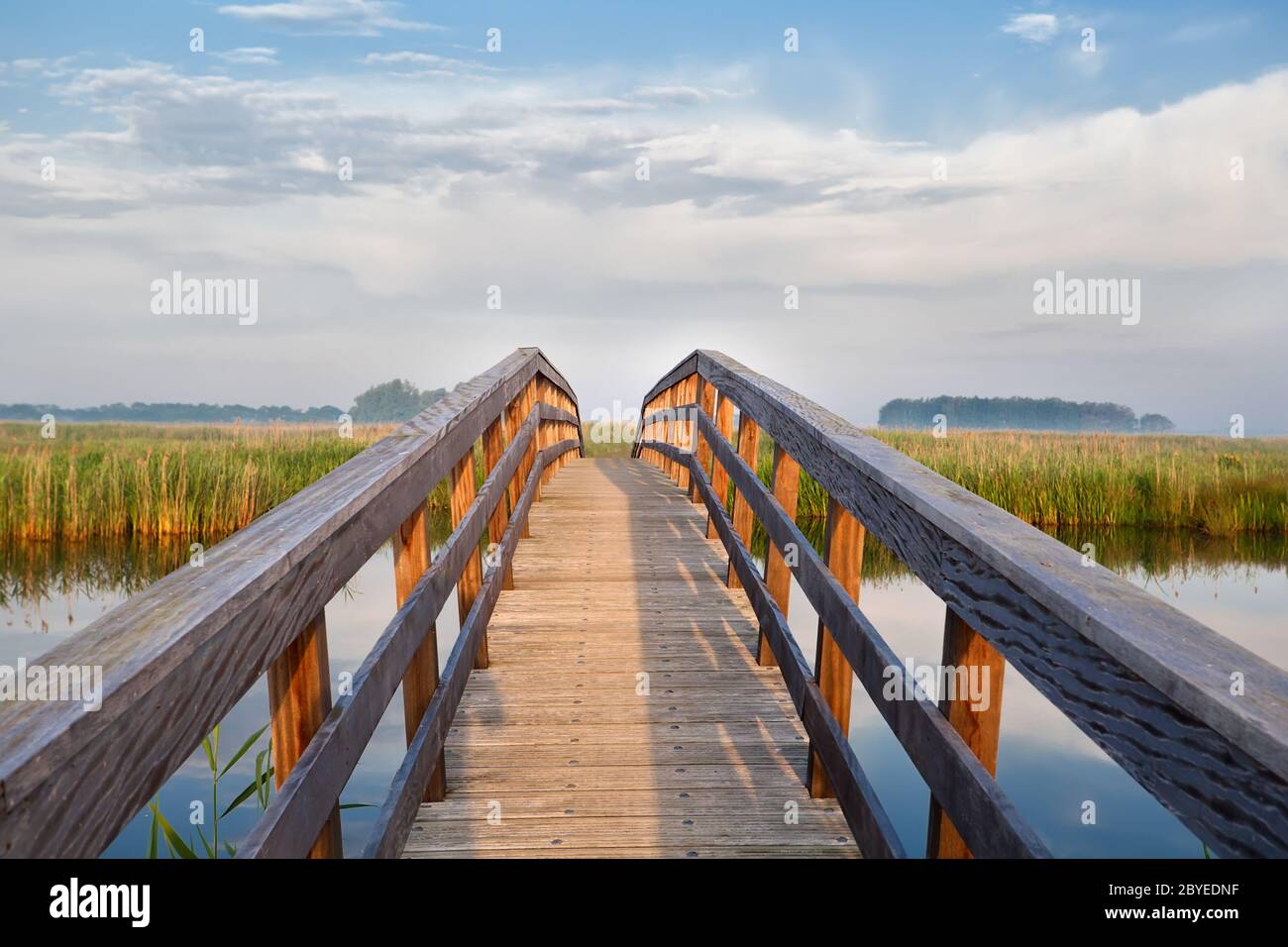 wooden bridge through river Stock Photo - Alamy