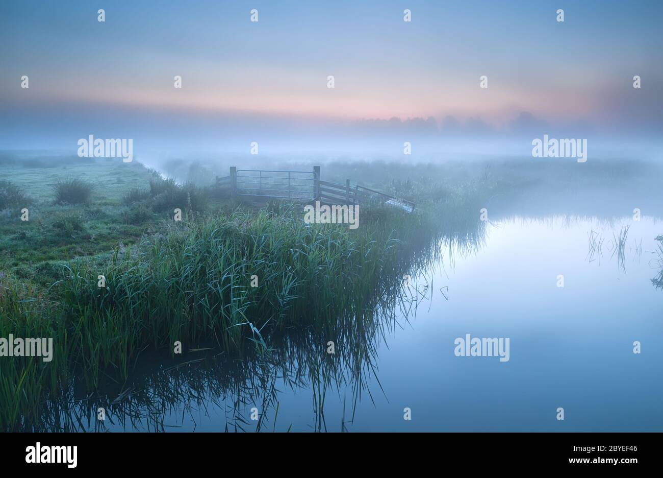fog over river in farmland Stock Photo - Alamy
