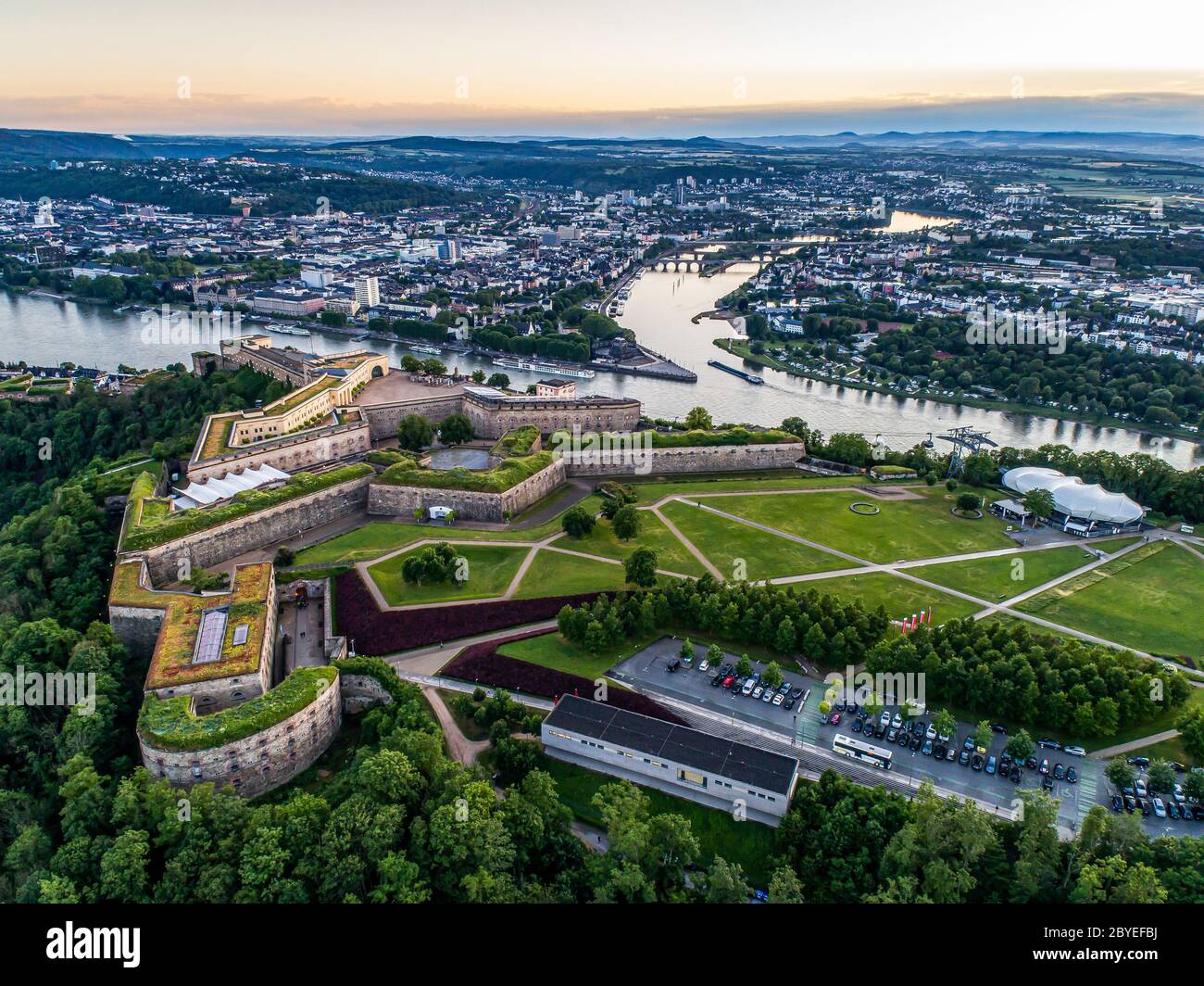 Aerial View of Ehrenbreitstein fortress and Koblenz City in Germany ...