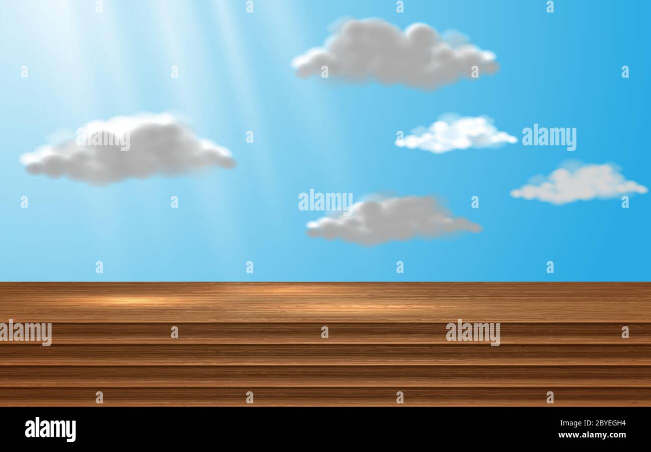 wooden stage with sunlight and cloud on the blue sky background Stock ...