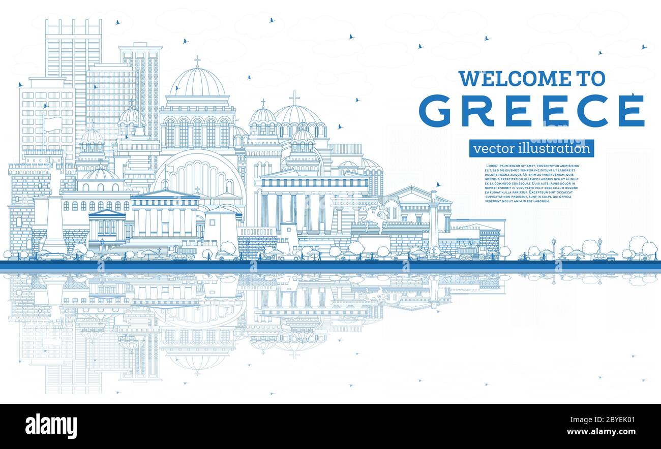 Outline Welcome to Greece City Skyline with Blue Buildings and ...