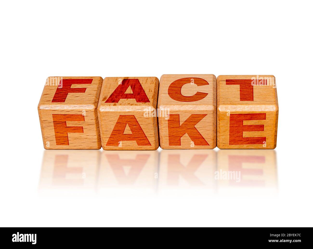 Fact versus Fake concept with wooden cubes isolated on reflective white ...