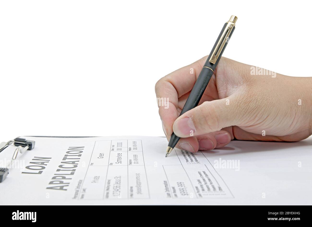 male hand signing on loan application contract on white Stock Photo - Alamy