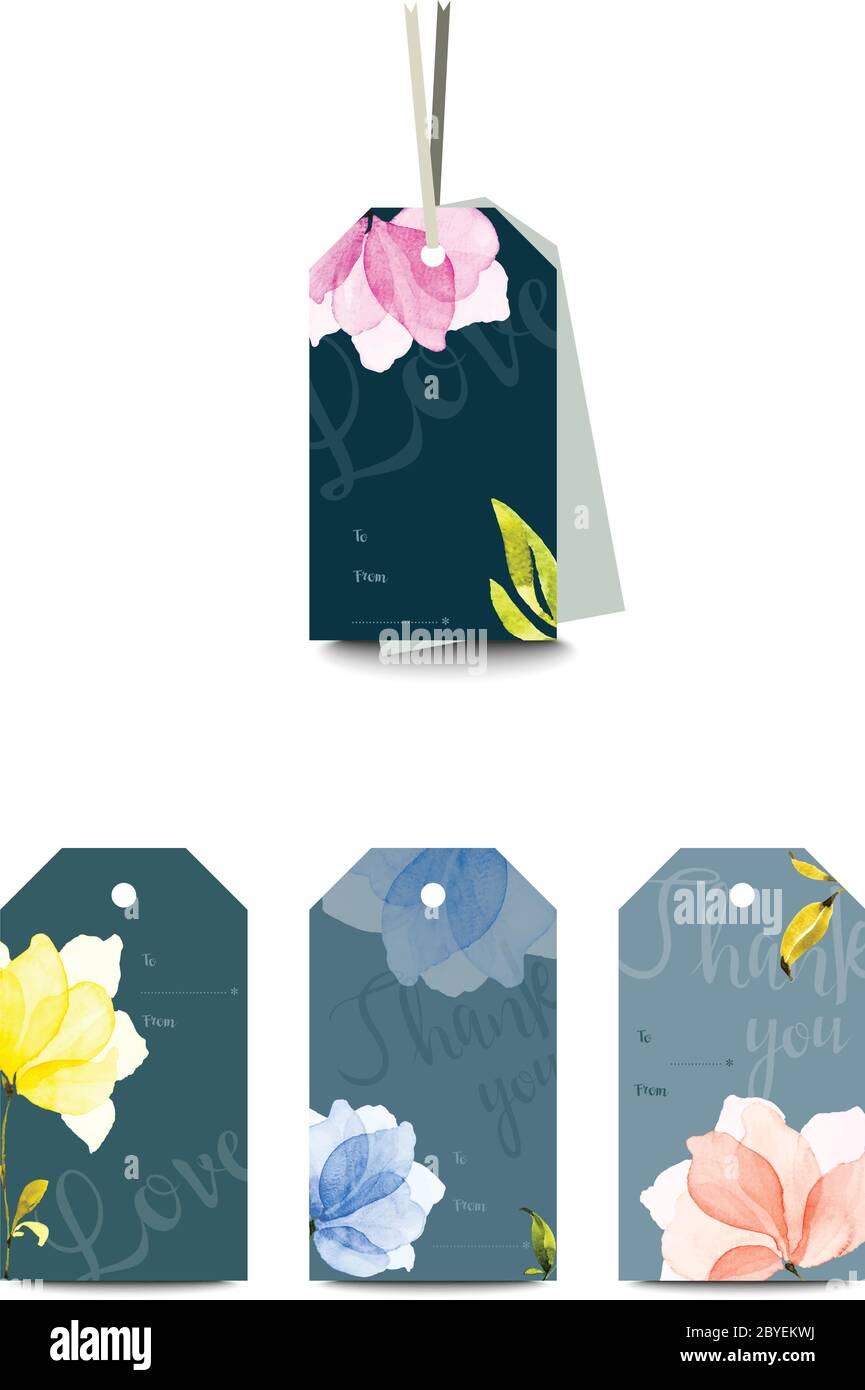 Creative gift tags with watercolor flowers. Hand drawn elements. Vector ...