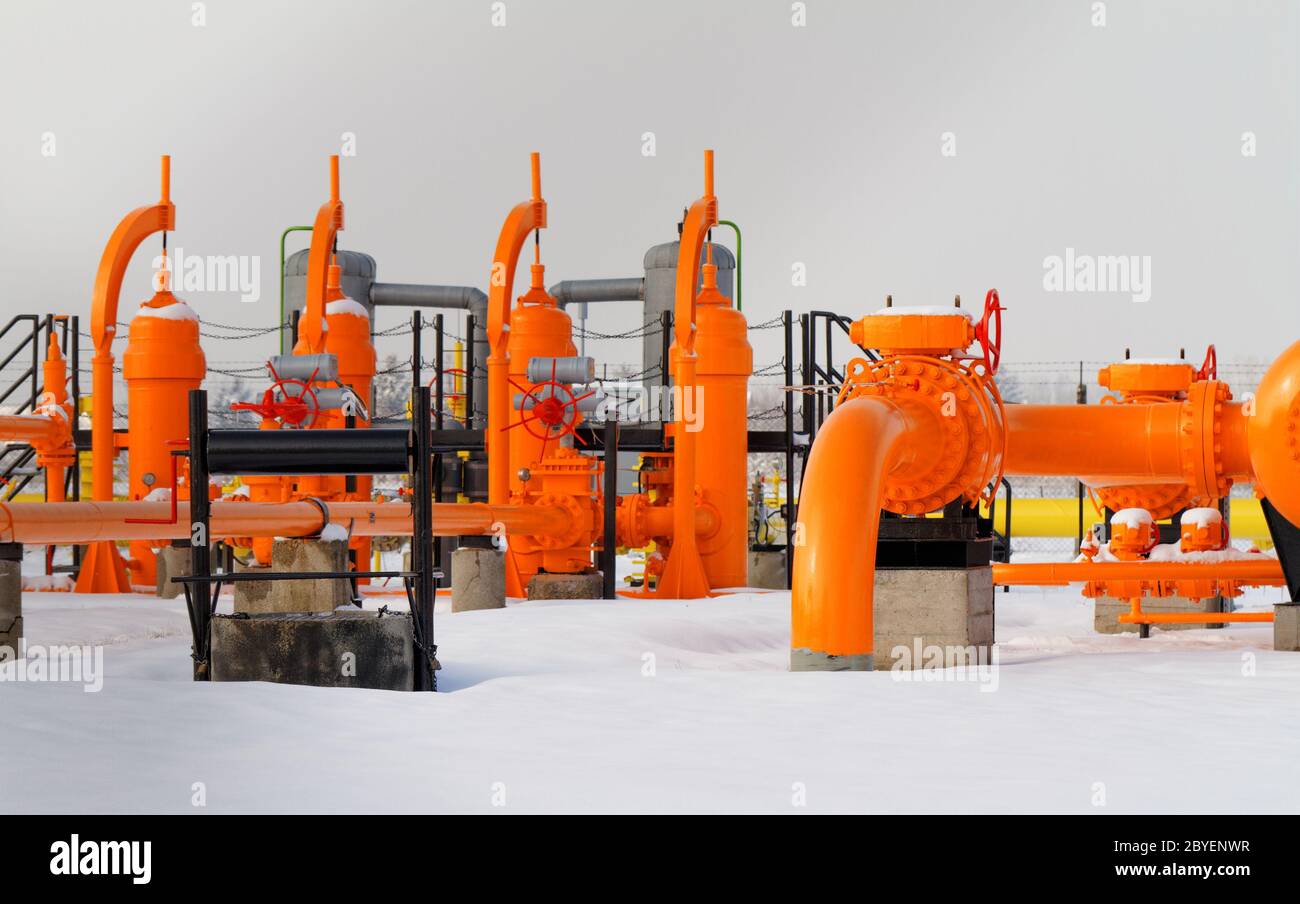 Orange gas pipe in frosted winter Stock Photo - Alamy