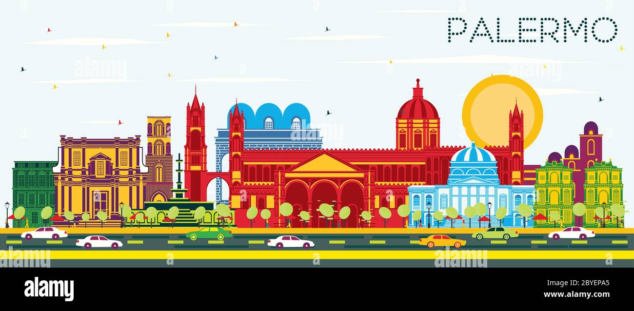 Palermo Italy City Skyline with Color Buildings and Blue Sky. Vector ...