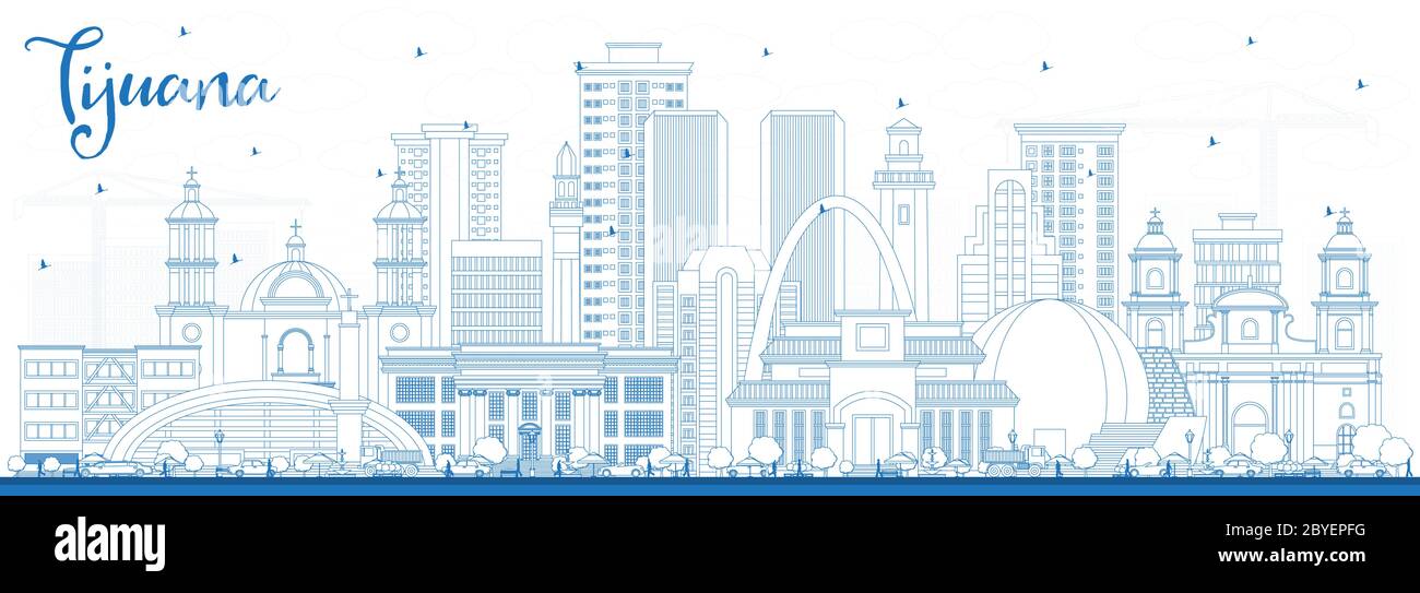 Outline Tijuana Mexico City Skyline with Blue Buildings. Vector ...