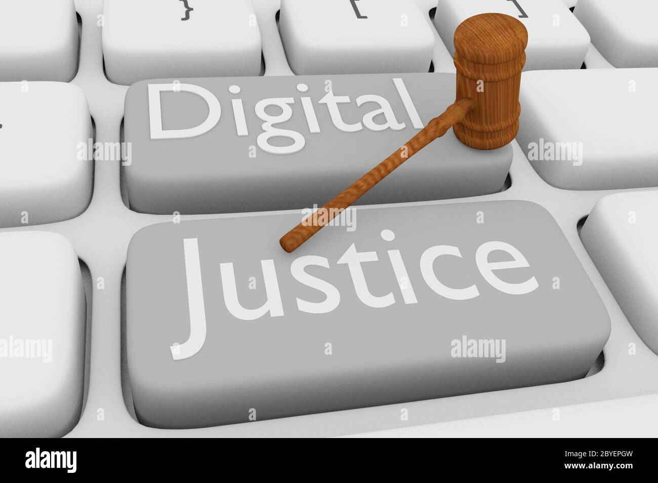 3D illustration of computer keyboard with the script Digital Justice on two adjacent buttons ...