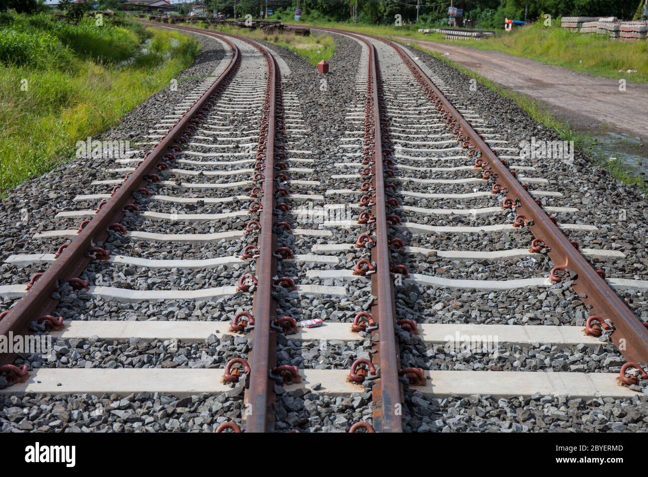 Railway, Railroad, Train Tracks, With Green Pasture Stock Photo - Alamy