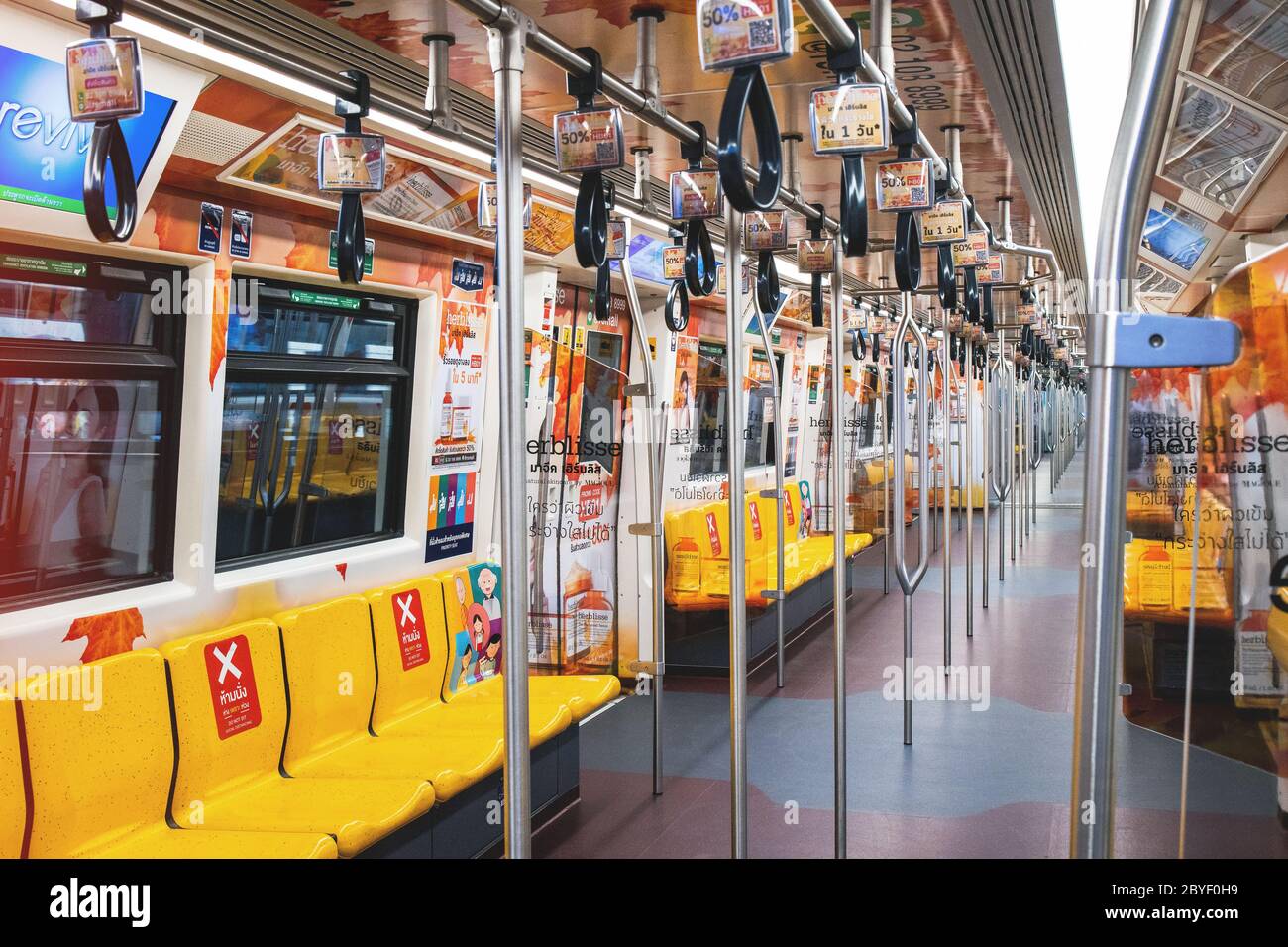 BANGKOK, THAILAND - APR 11: Inside BTS Skytrain with empty seats on ...