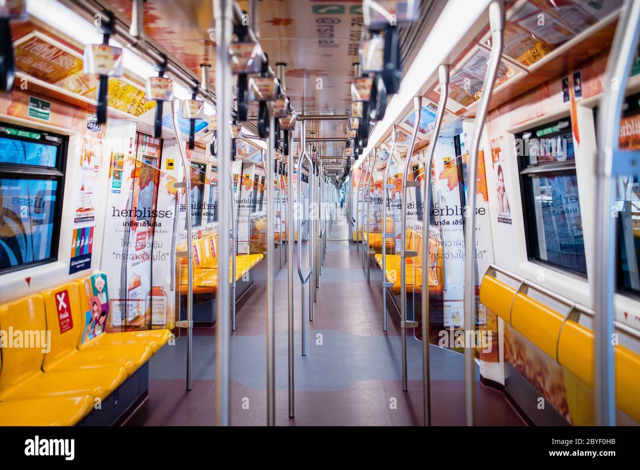 BANGKOK, THAILAND - APR 11: Inside BTS Skytrain with empty seats on ...