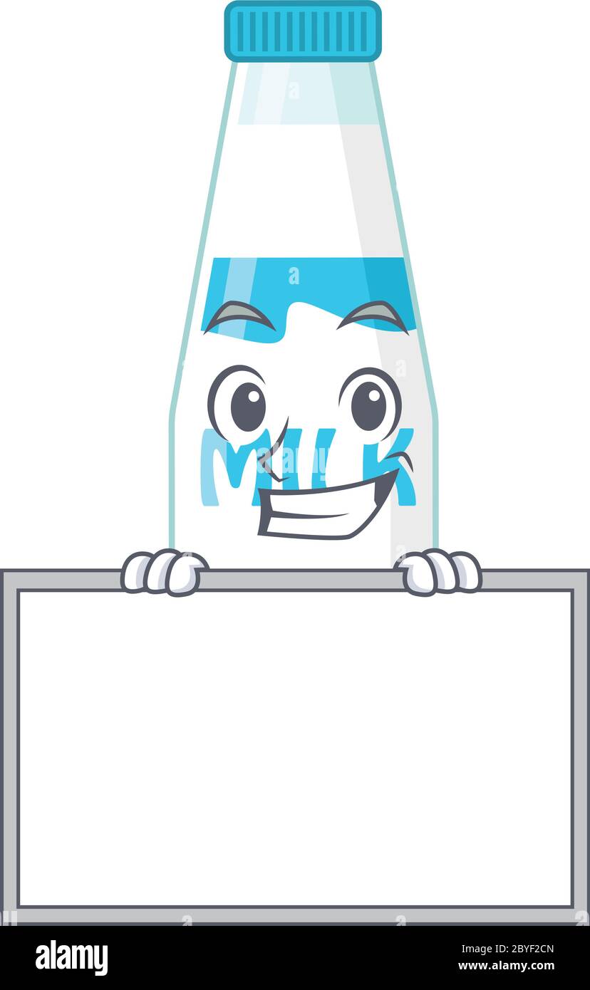 Bottle of milk cartoon design style standing behind a board Stock ...