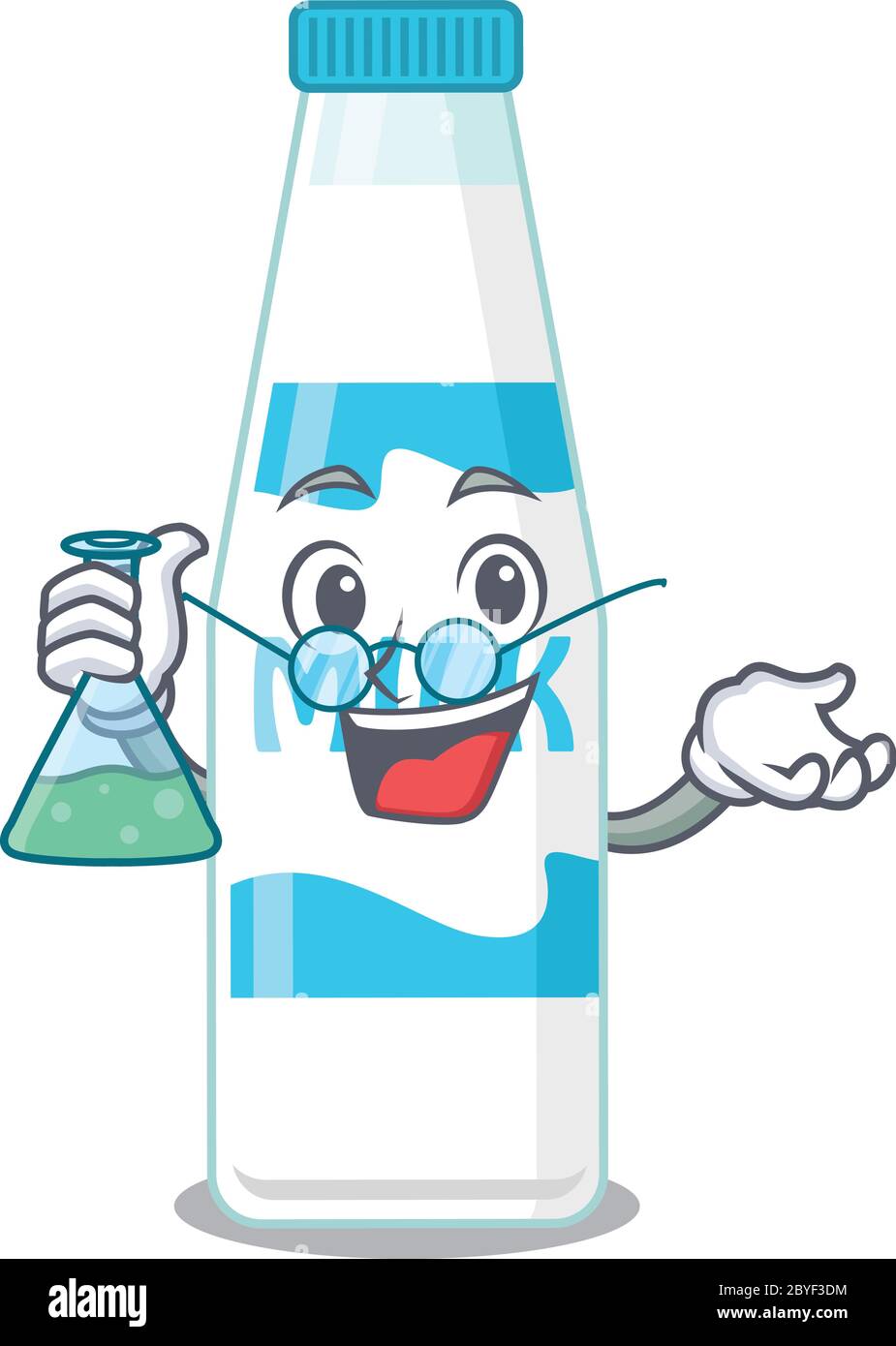 caricature character of bottle of milk smart Professor working on a lab ...