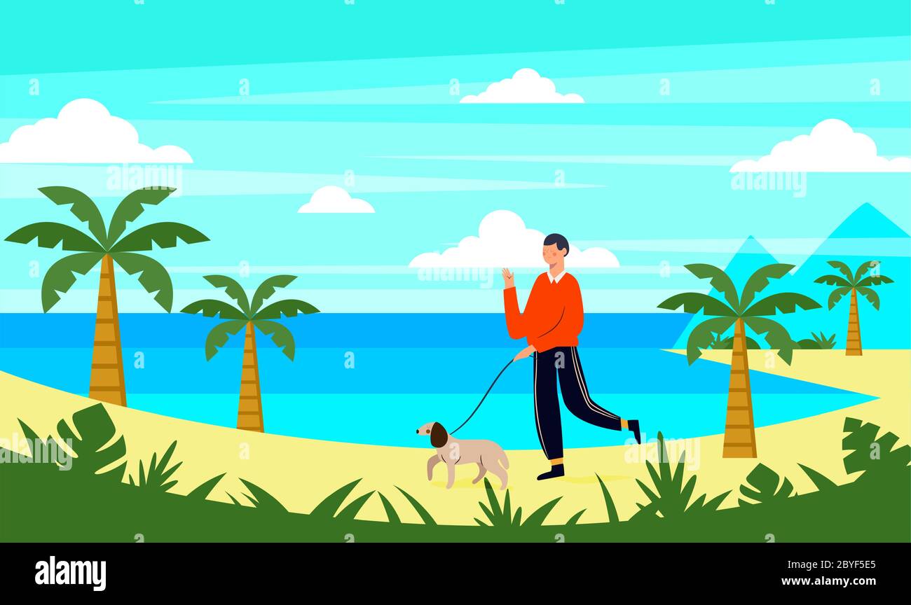 Woman walking on beach with her dog Cut Out Stock Images & Pictures - Alamy