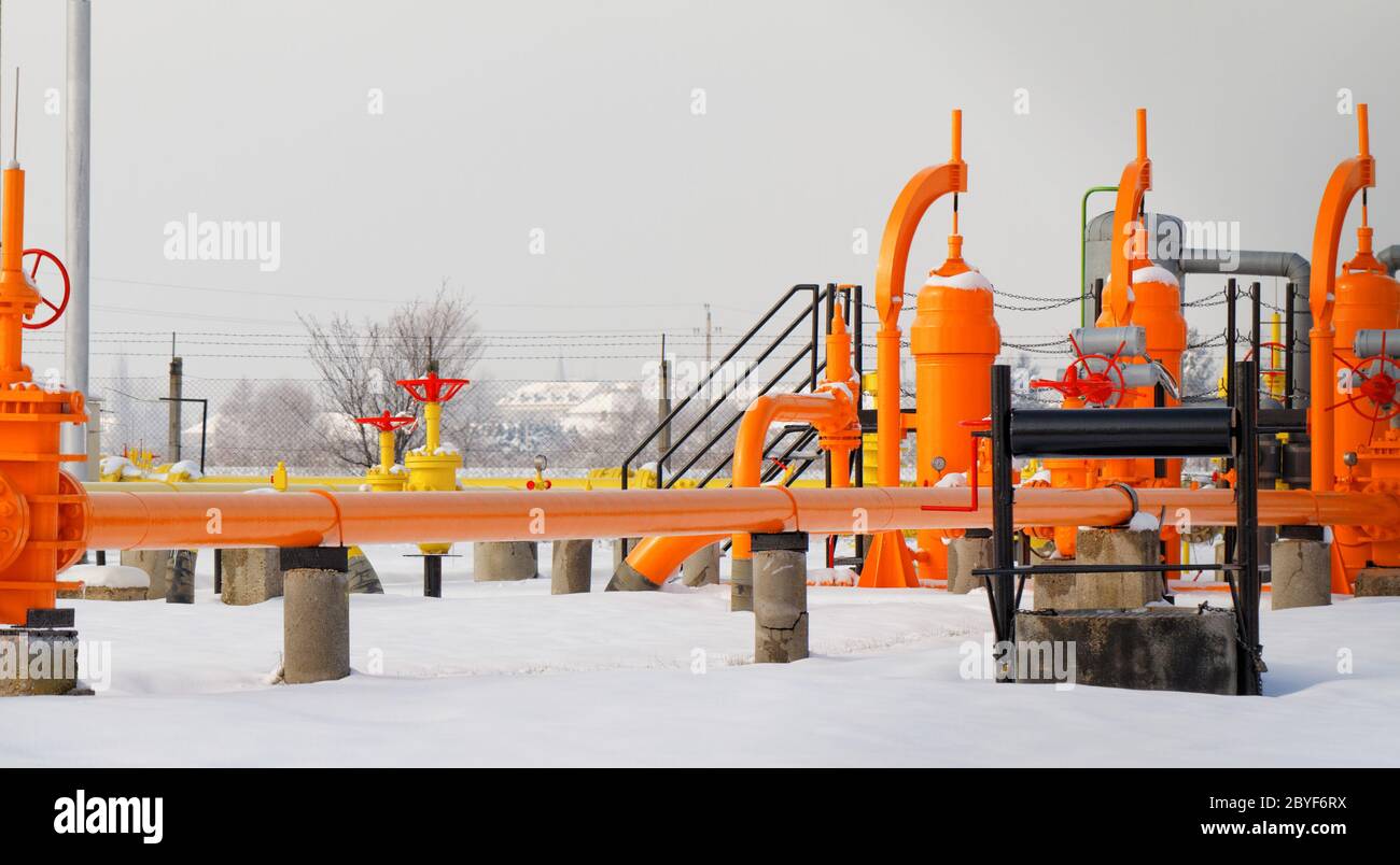 Orange gas pipe in frosted winter Stock Photo - Alamy