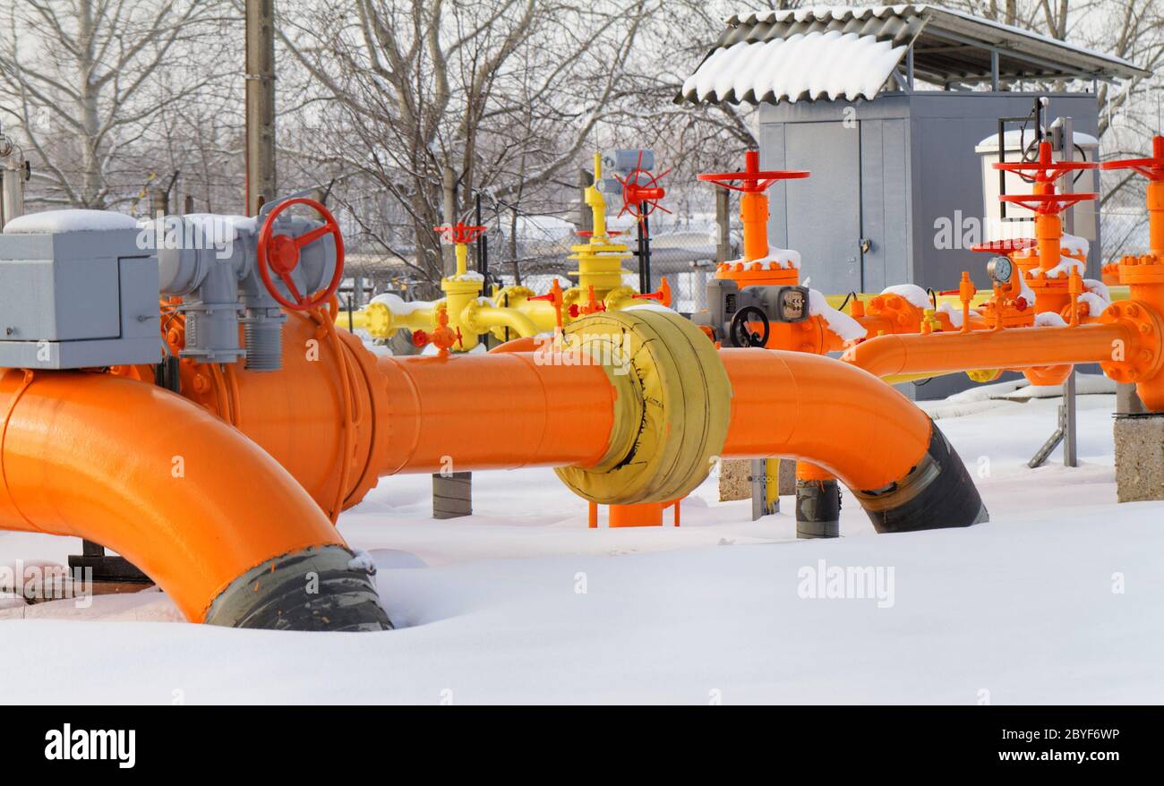 Orange gas pipe in frosted winter Stock Photo - Alamy