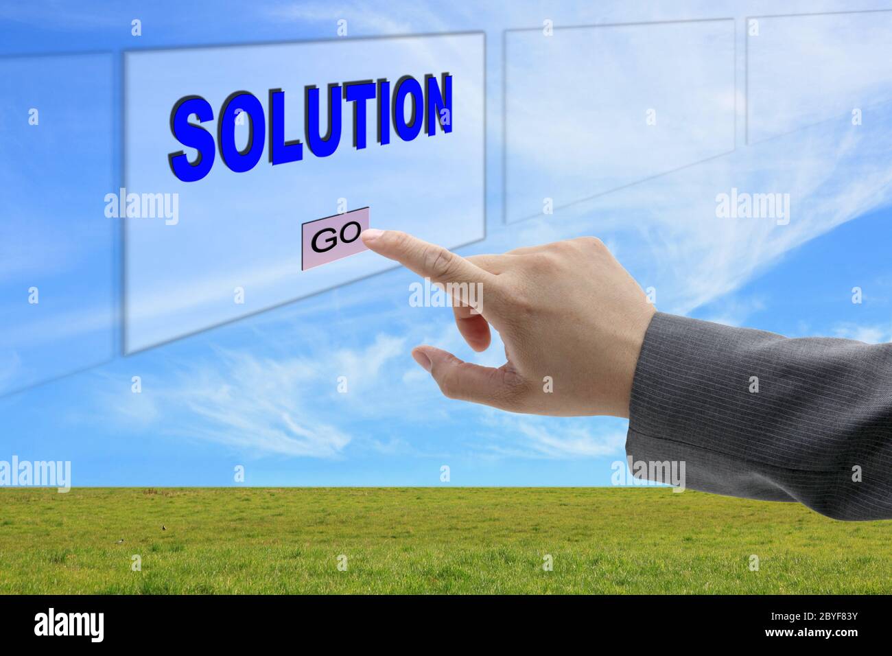 Man hand push Solution Stock Photo - Alamy