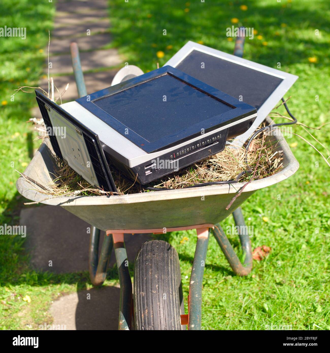 Closeup of a trolley loaded with discarded old computer monitors Stock ...