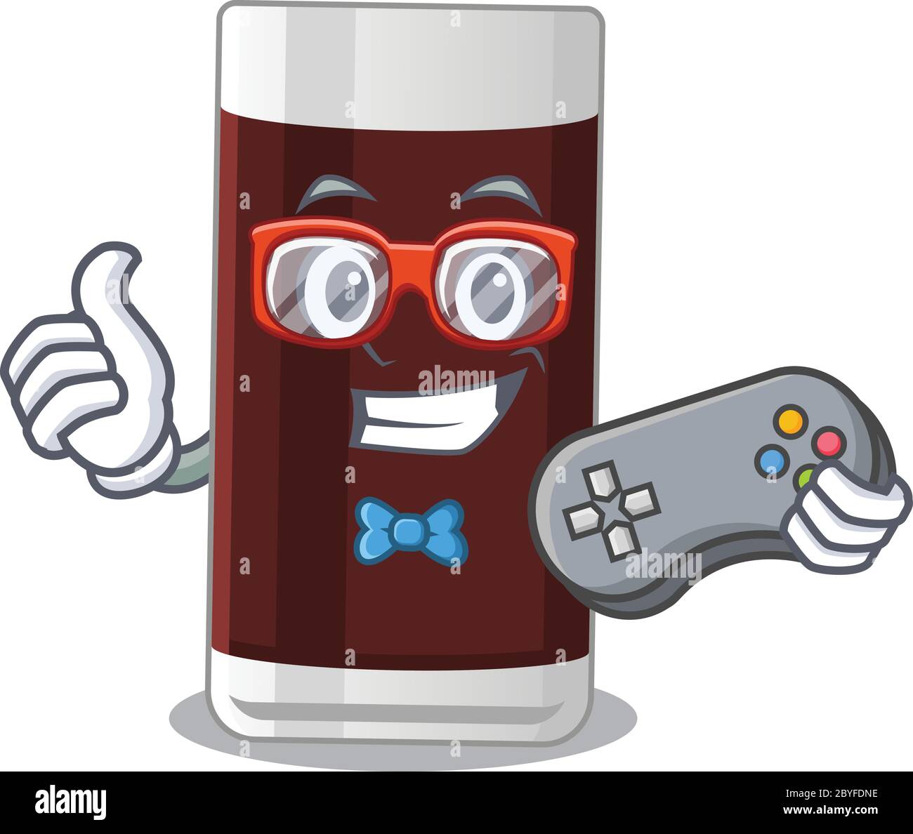 Mascot design style of glass of chocolate gamer playing with controller ...