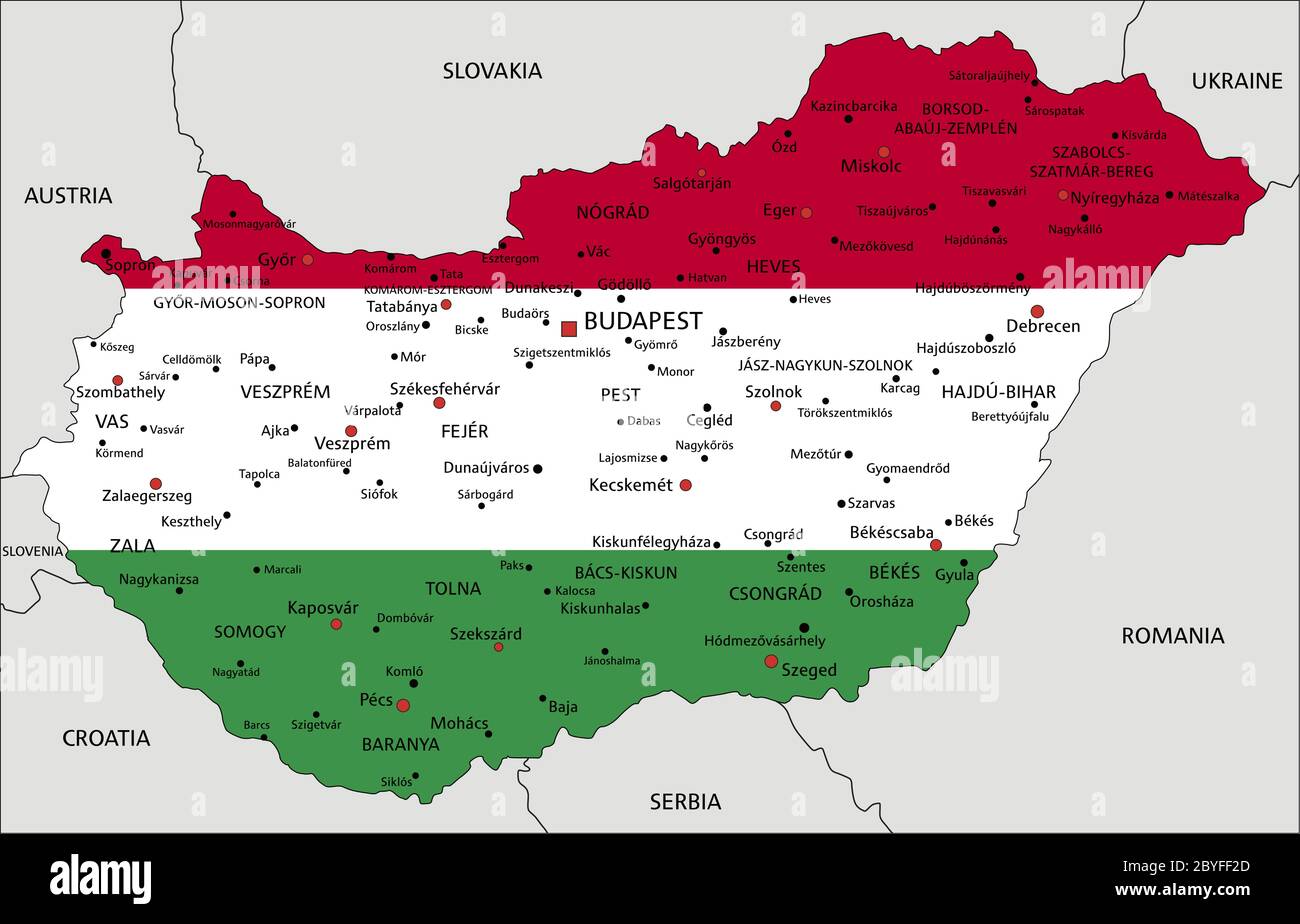 Hungary highly detailed political map with national flag isolated on ...