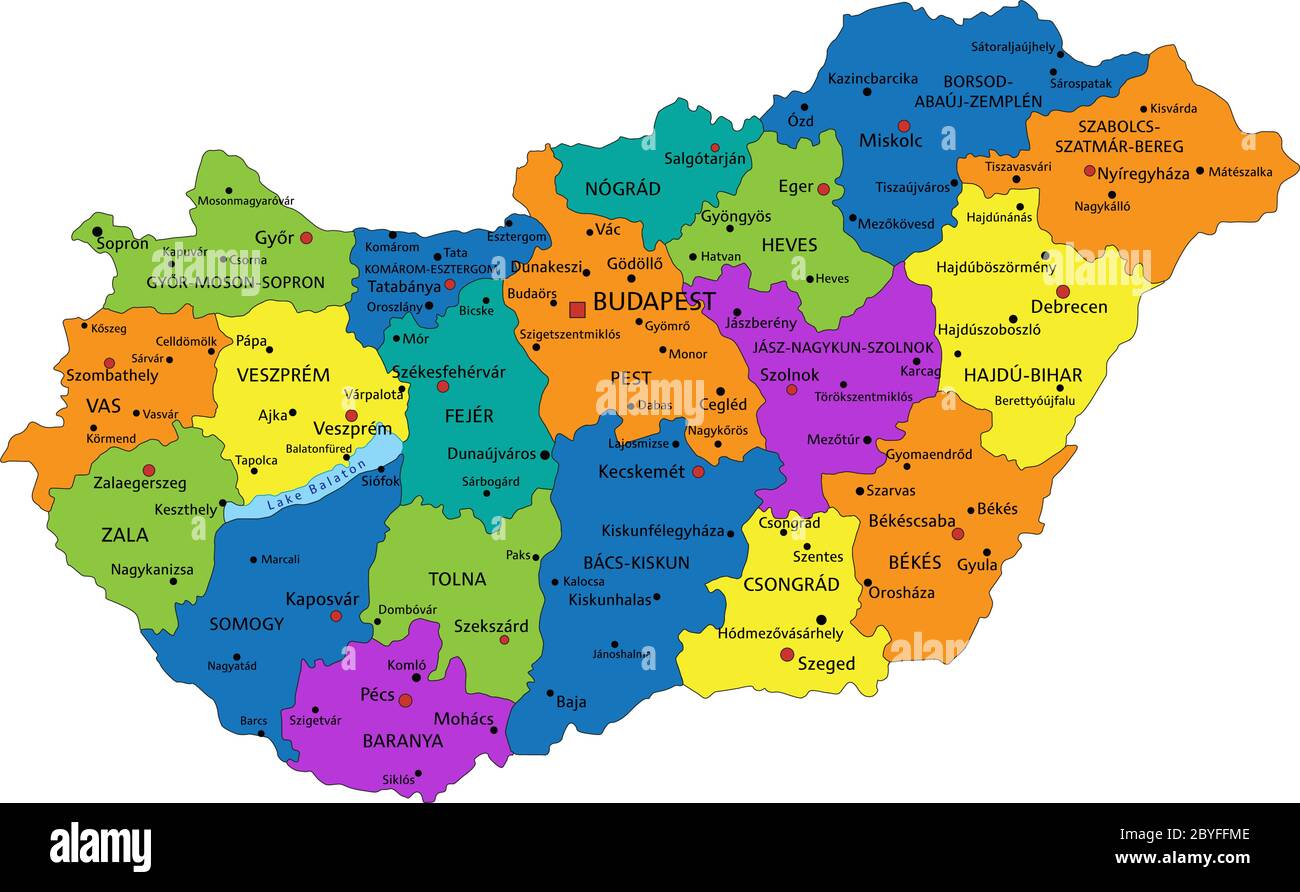 Colorful Hungary political map with clearly labeled, separated layers ...