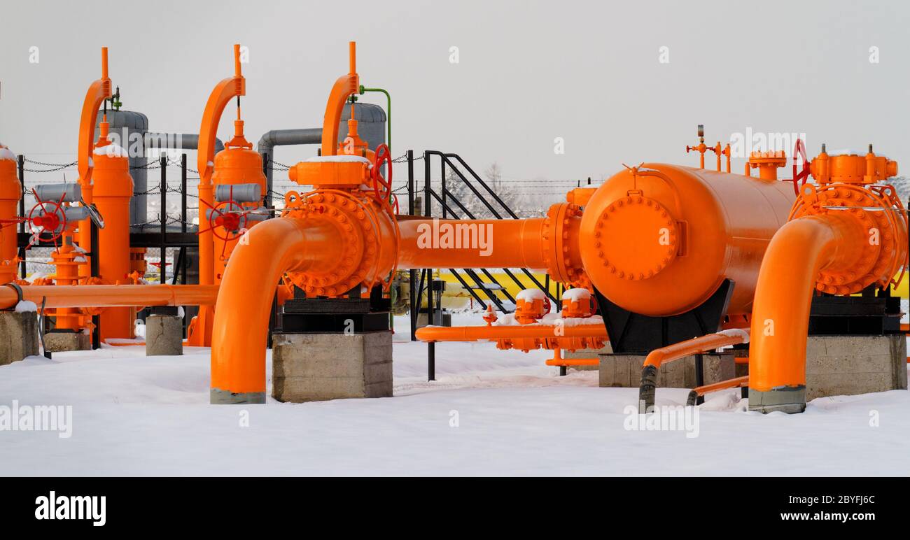 Orange gas pipe in frosted winter Stock Photo - Alamy
