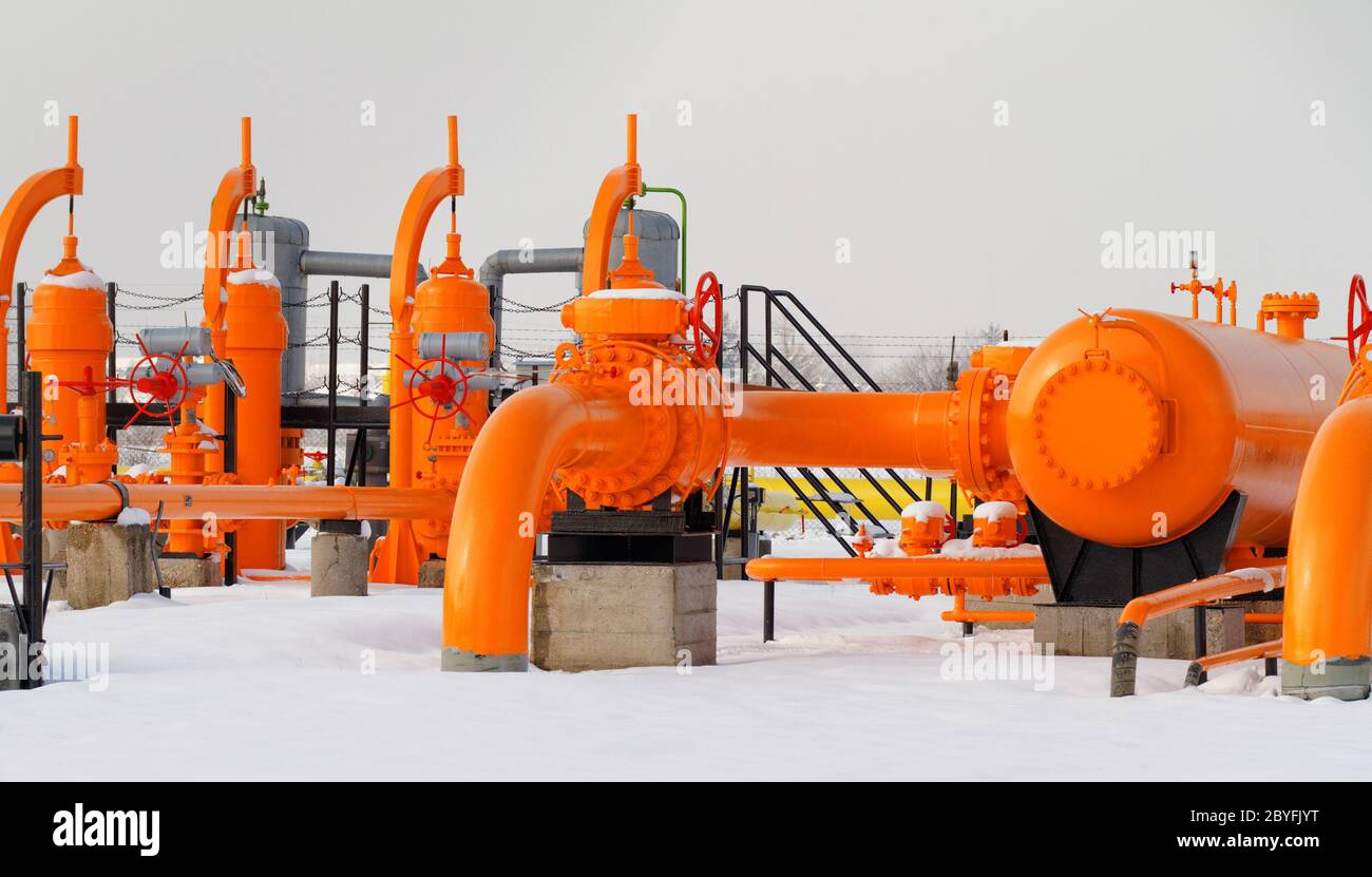 Orange gas pipe in frosted winter Stock Photo - Alamy